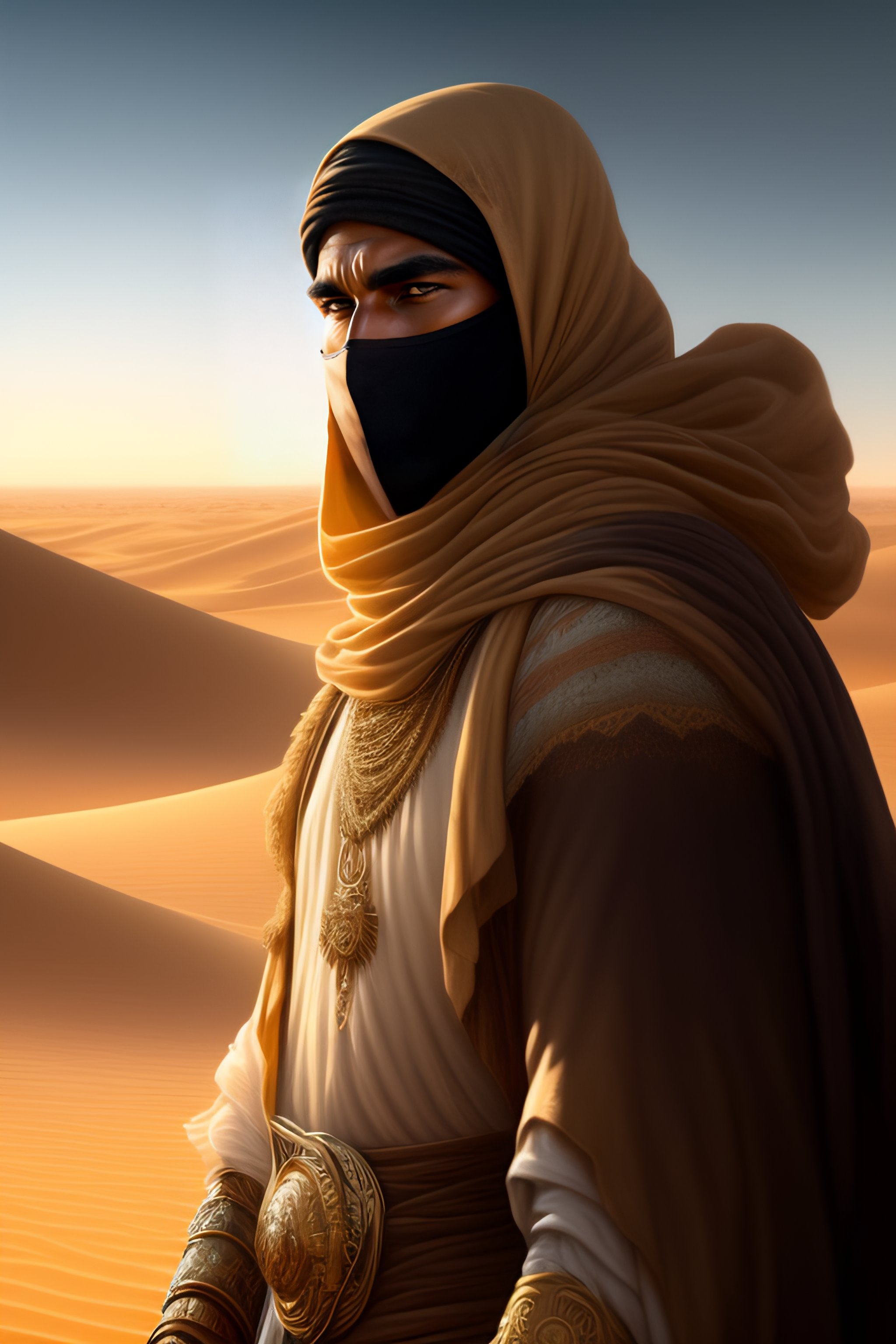 Lexica - Drawing of a Masked Man in Dusty Clothes with a Sharp Gaze in ...