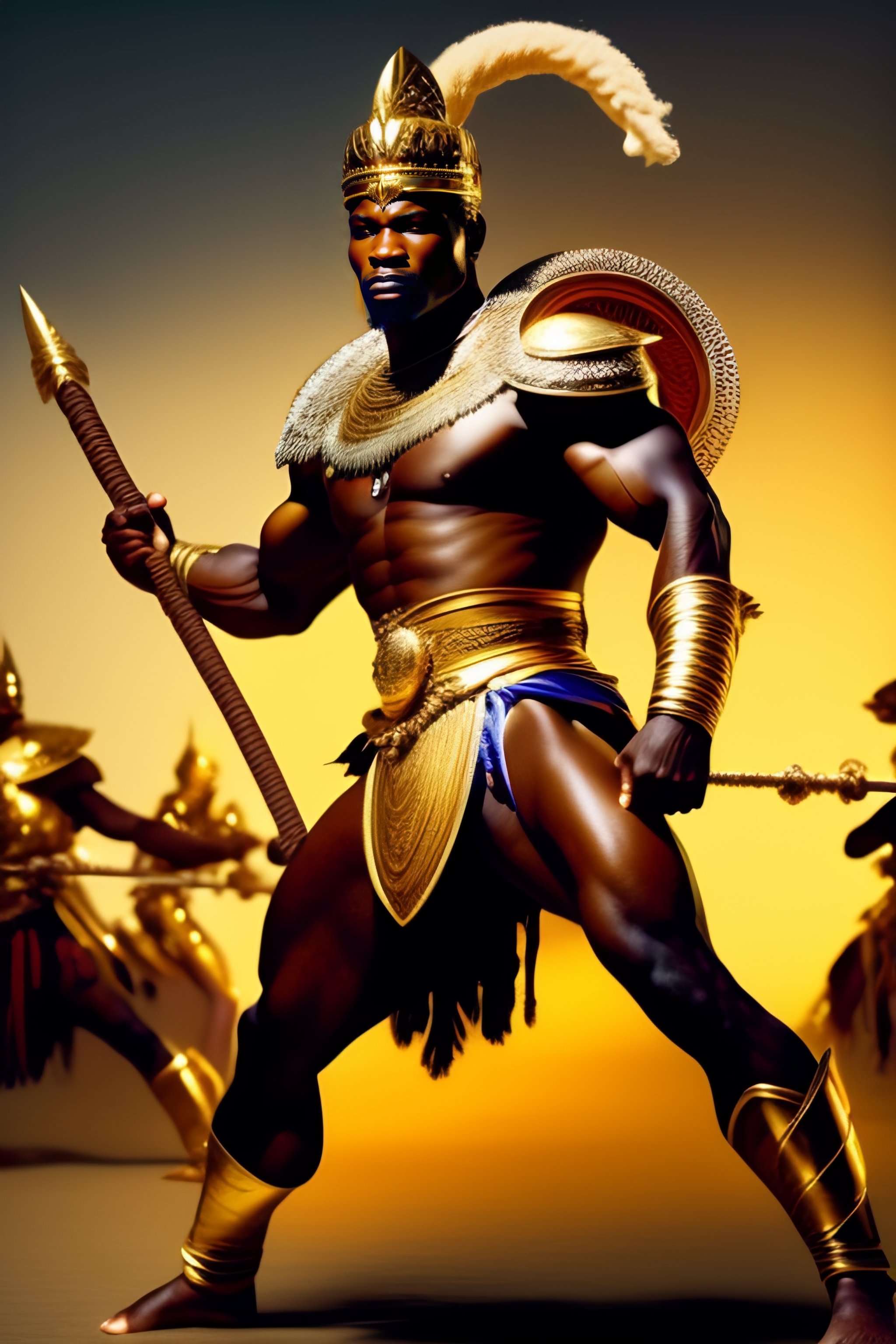 Lexica - Gleaming gold and silver spear, african man, battle pose