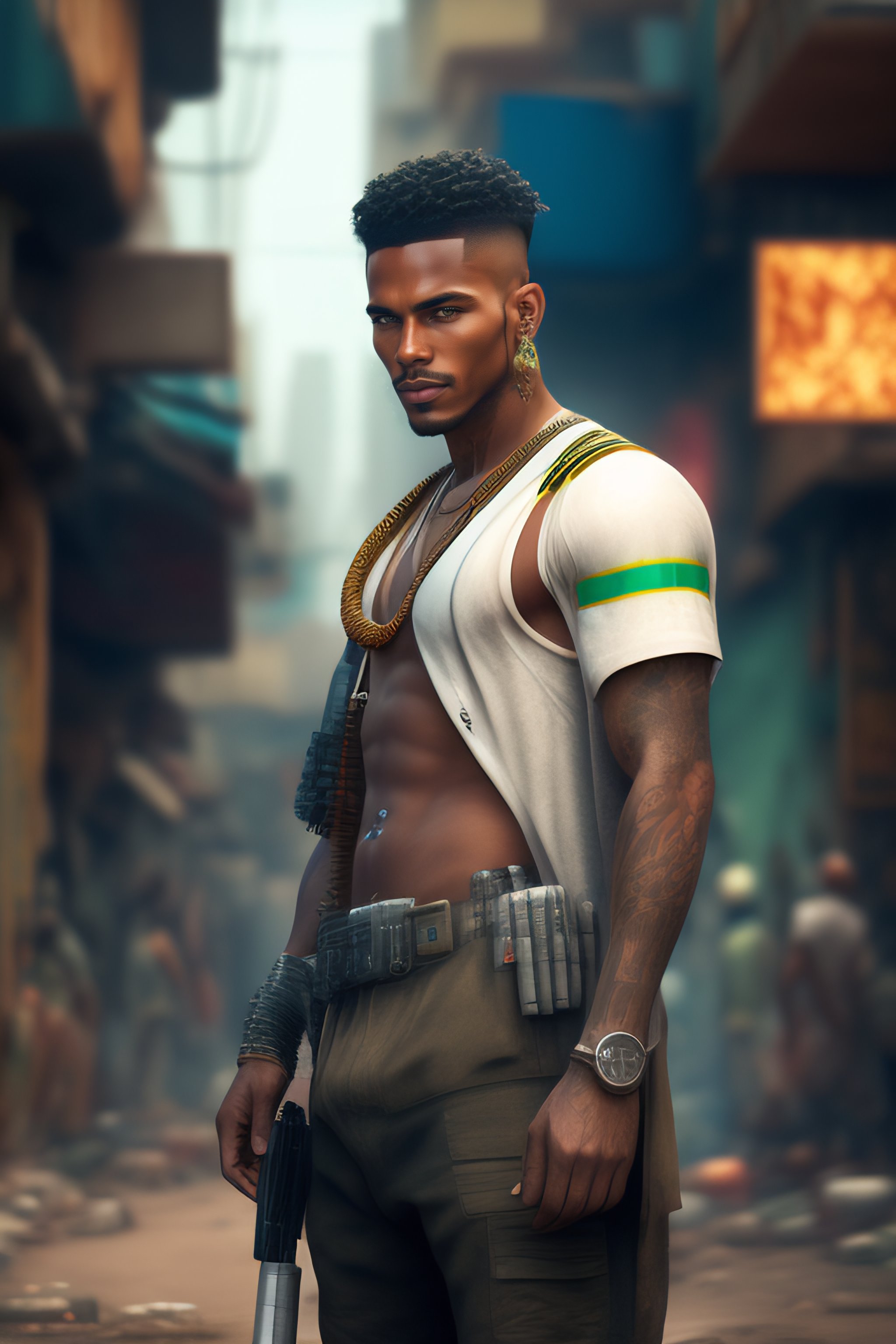 Lexica - Slum cyberpunk brazilian white man, holding a gun, futuristic ...