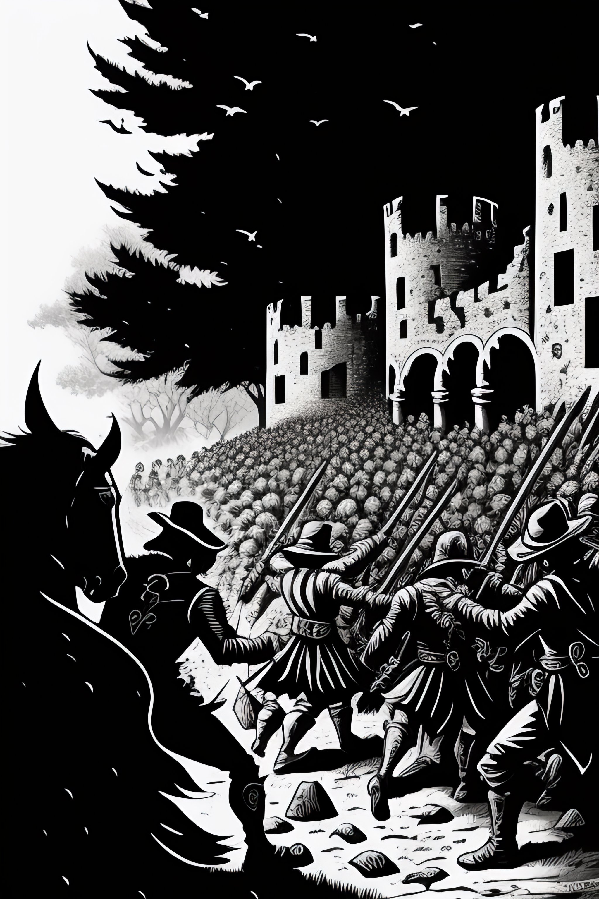 Lexica - Horde of zombies attacking a castle wall, black and white ...