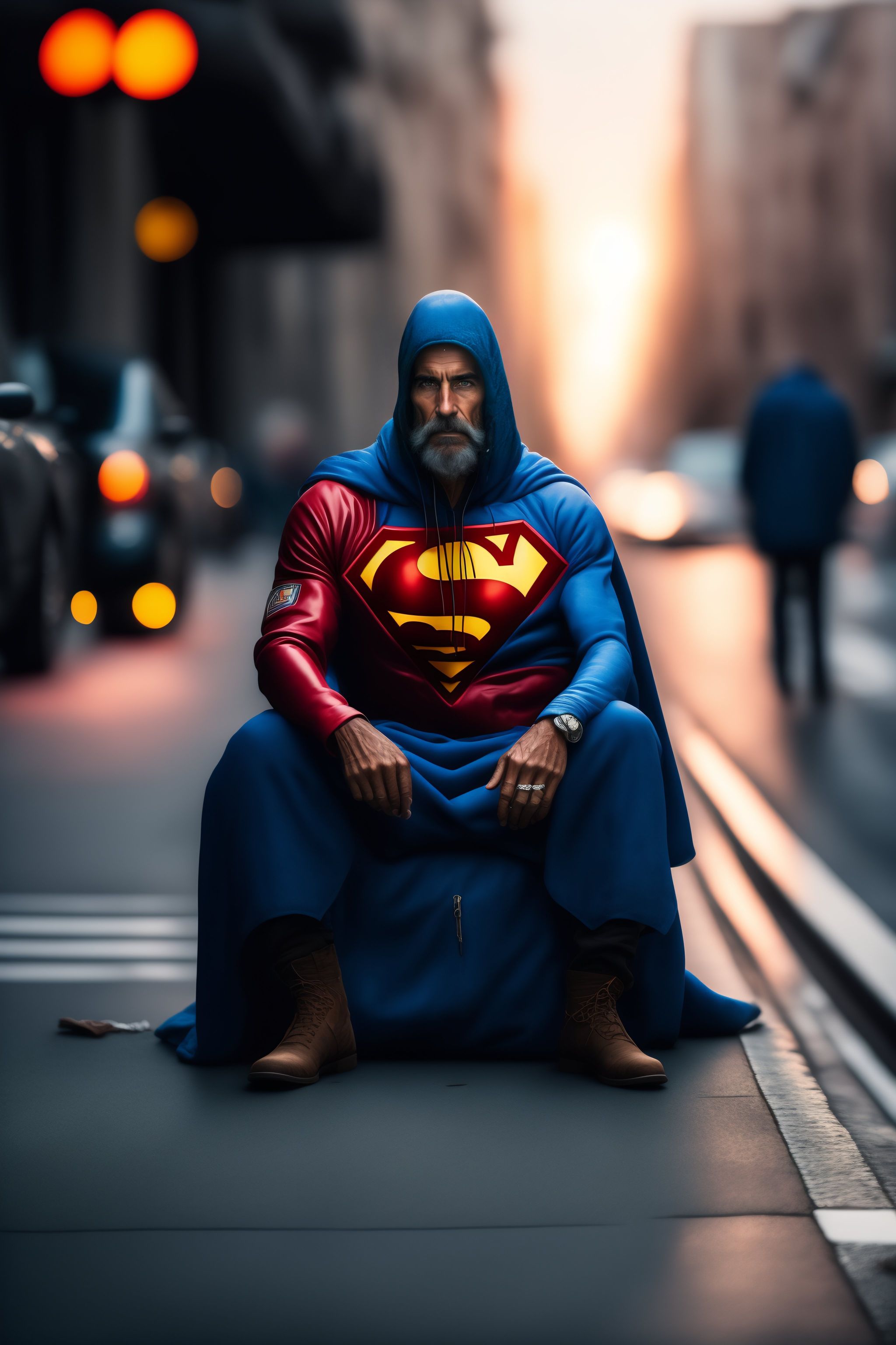 Lexica - Homeless person sitting on the street that looks like superman ...