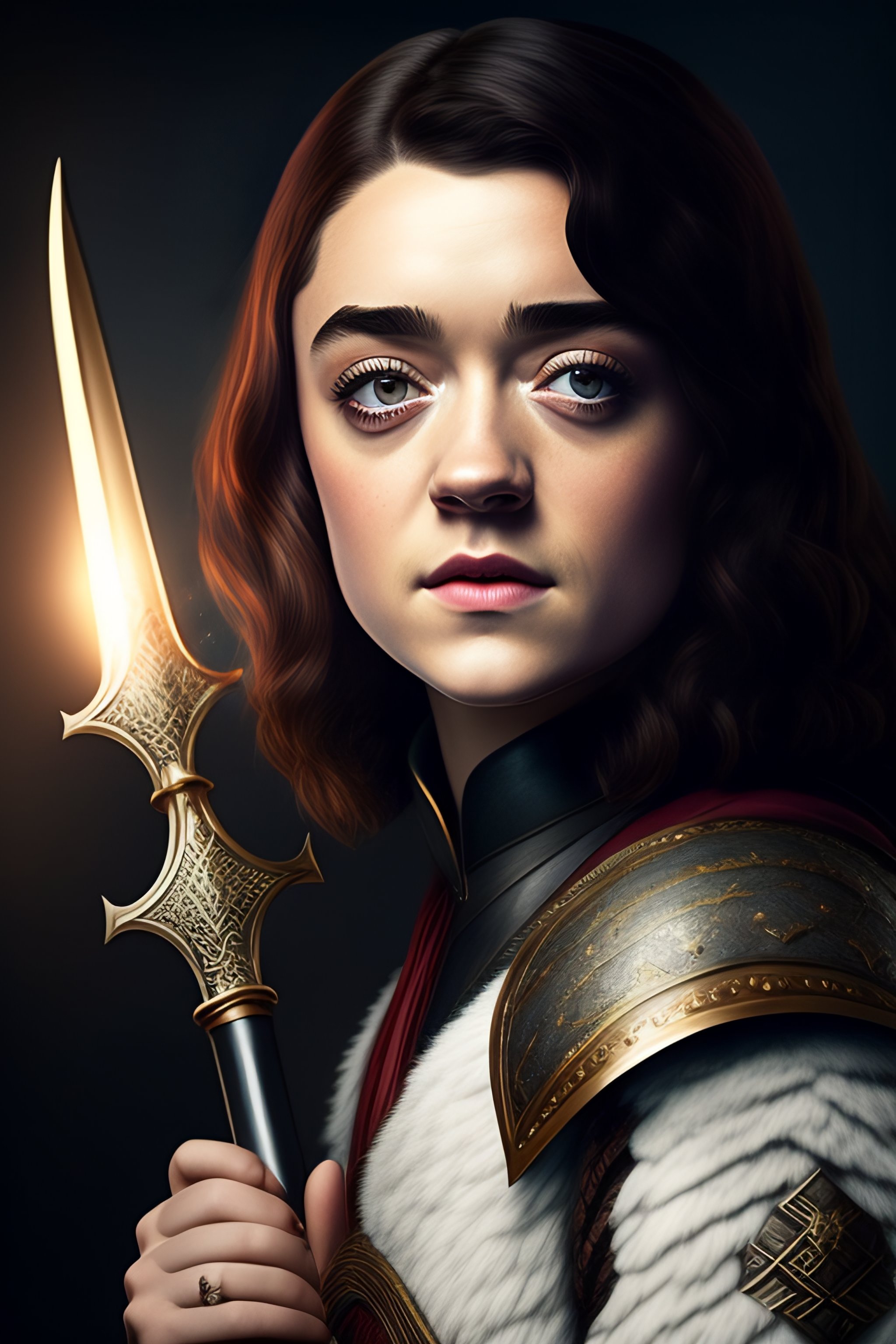 Lexica - Maisie Williams, as arya stark, holding the The Sword of Omens, photorealistic