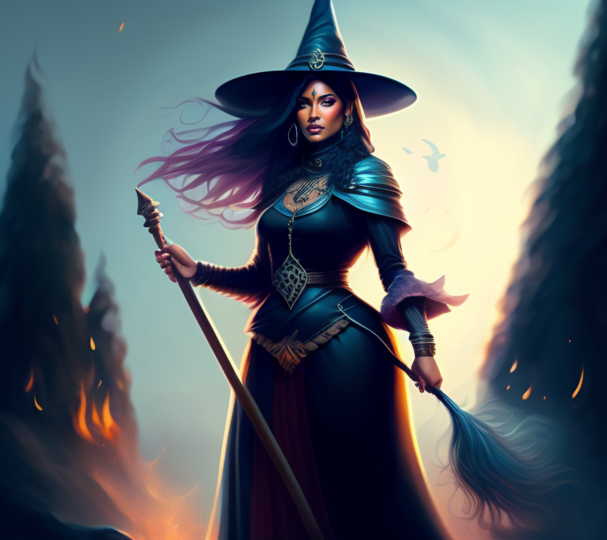 Lexica - Top down full body view of a witch holding a staff and casting ...