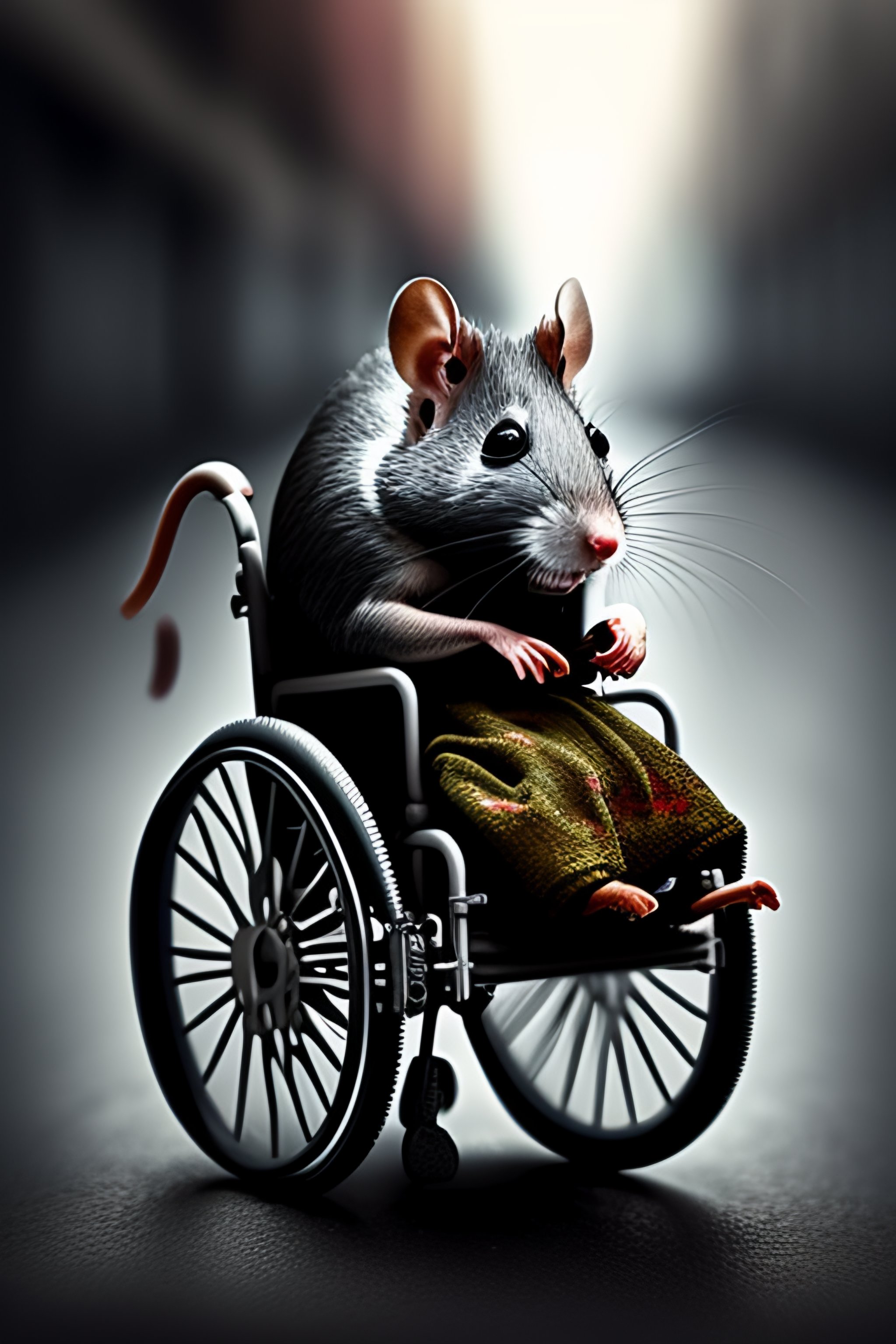 Lexica - A grey rat riding a wheelchair escaping from zombies, gloomy ...