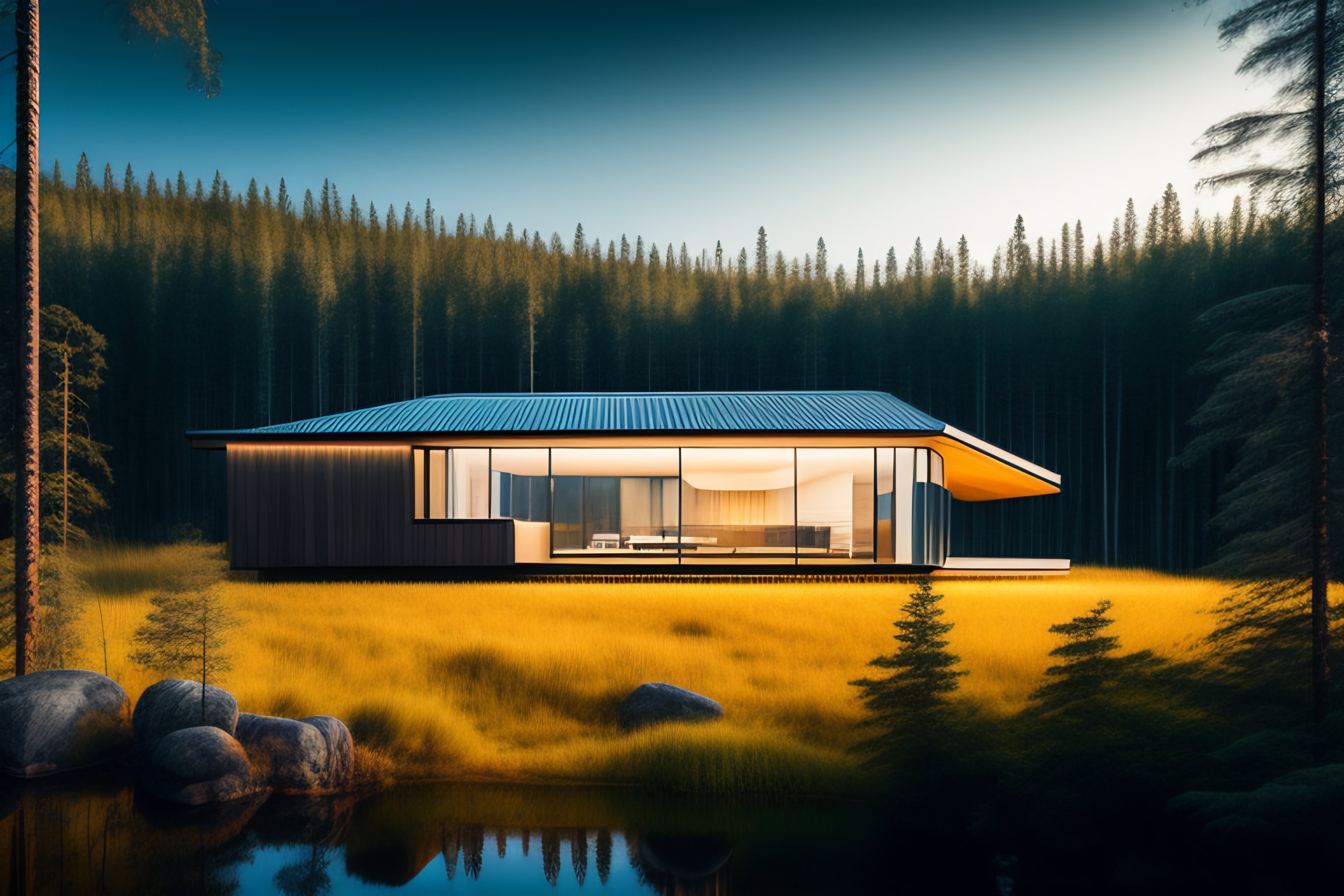 Lexica - A wide image of a full innovative 3D contemporary cabin, hyper ...
