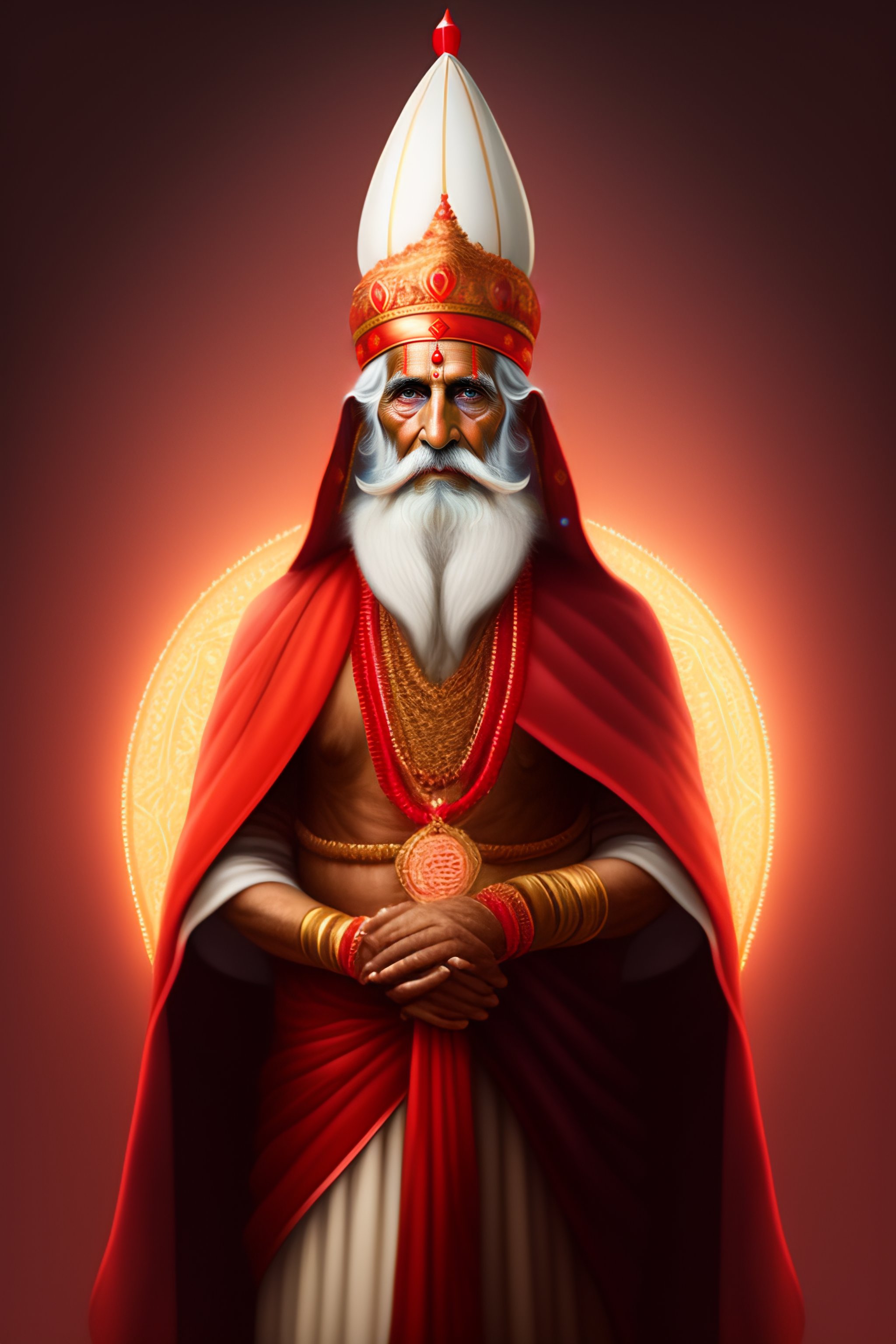 Lexica - Fair skinned Old Hindu Male Saint with red pointy hat and ...