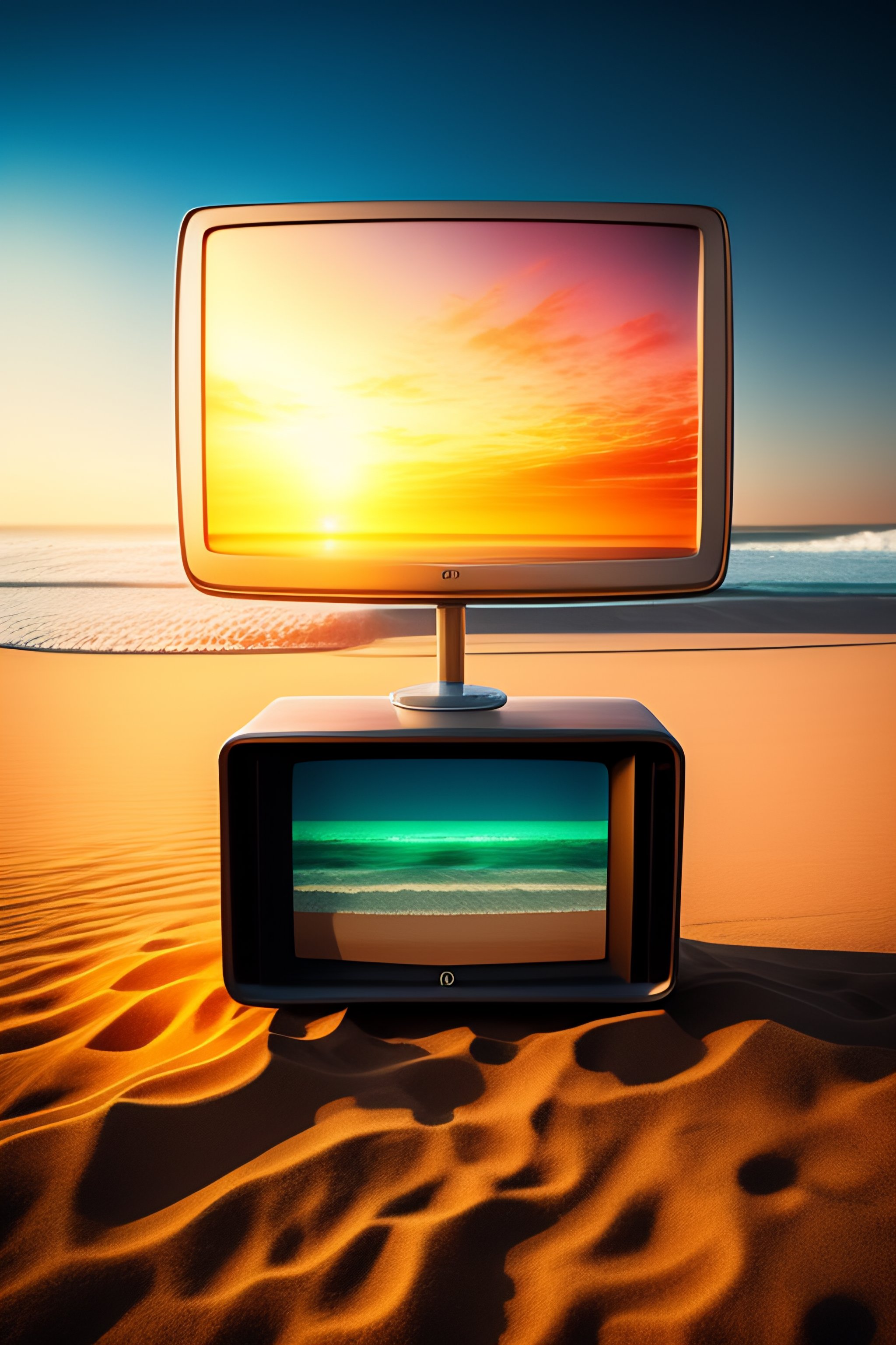 Lexica - Television in the middle of the beach sand