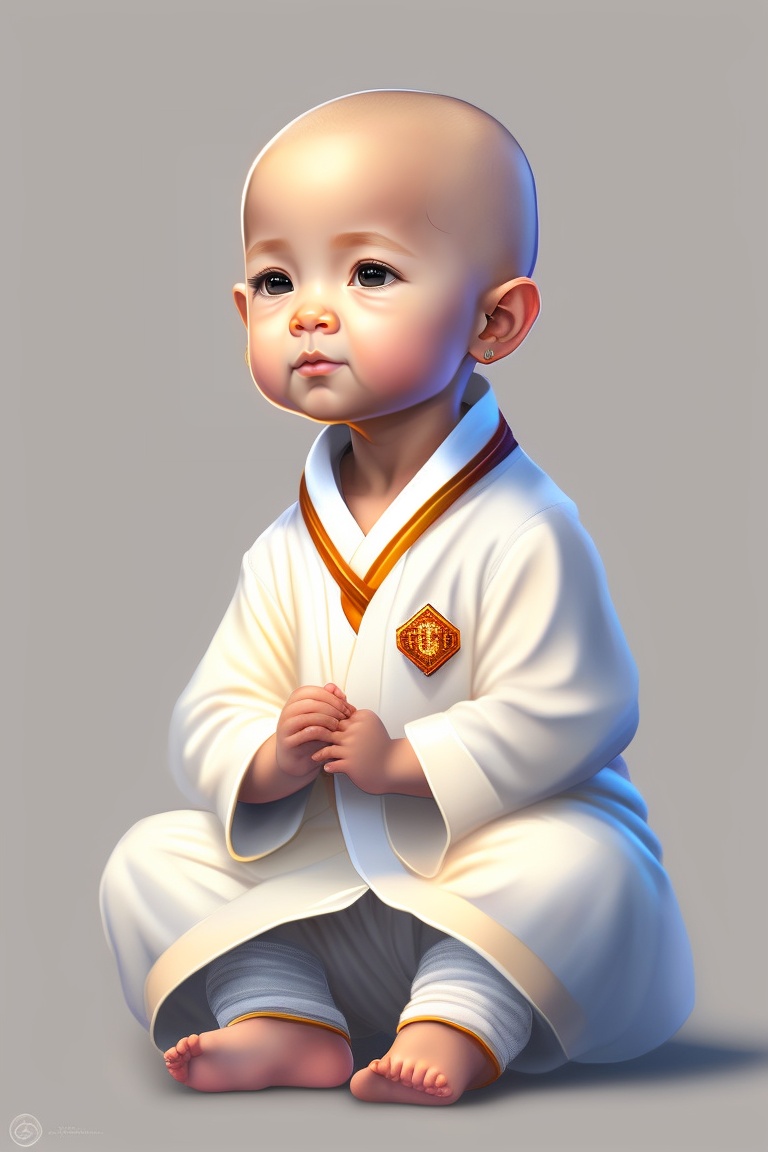 Lexica - A baby monk, sitting cross-legged, clasped palms silently ...