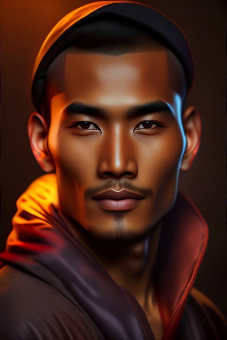 Lexica - 32yr old MONK looking at camera standing in dim light handsome ...