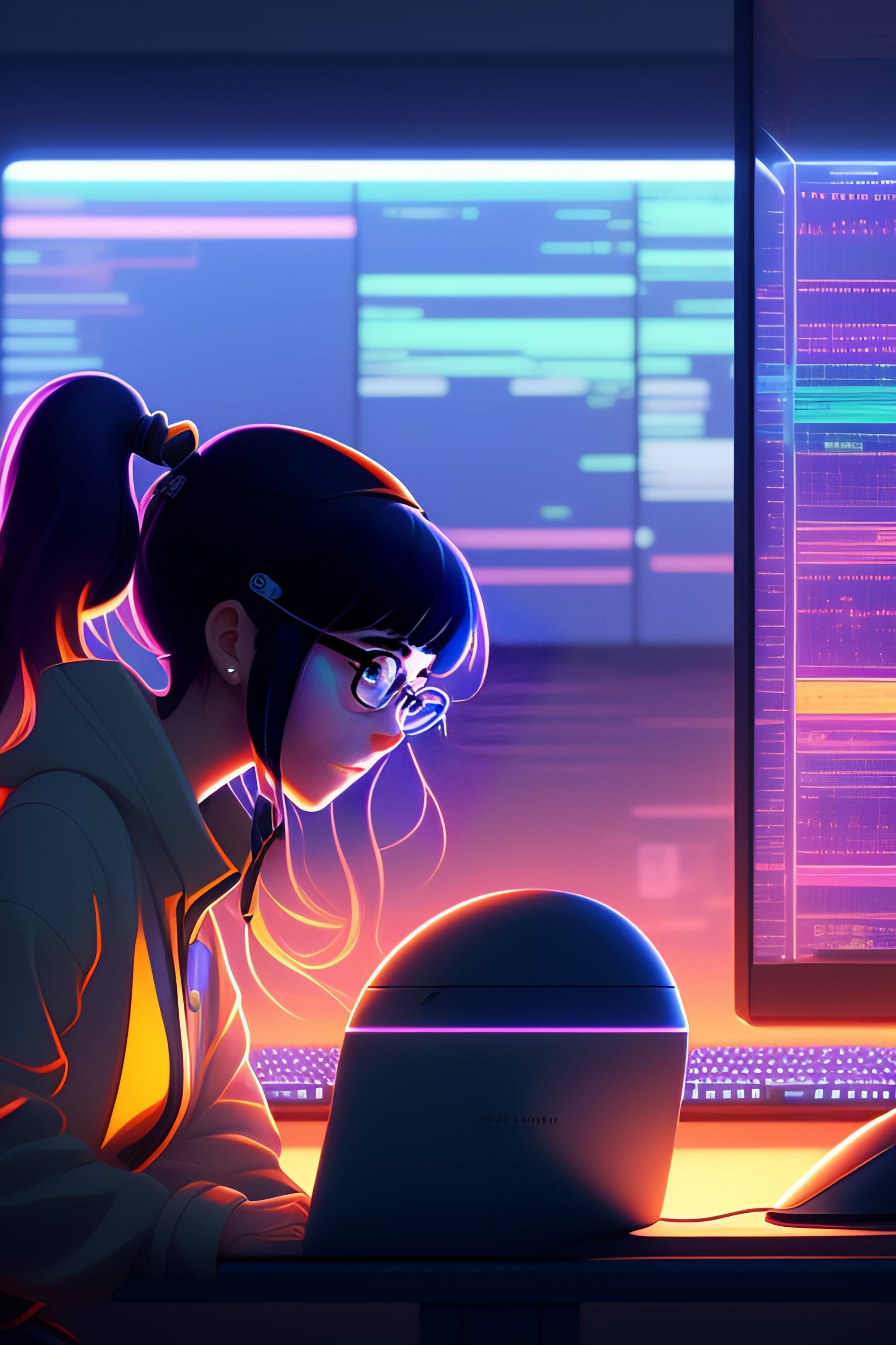 Lexica - A nerdy girl is programming at a computer in a room full of ...