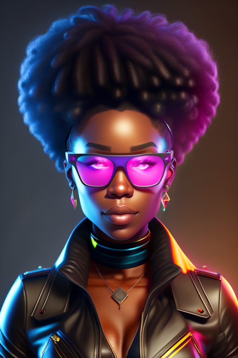 Lexica - Female character, black, With dark glasses, dark neon afro hair