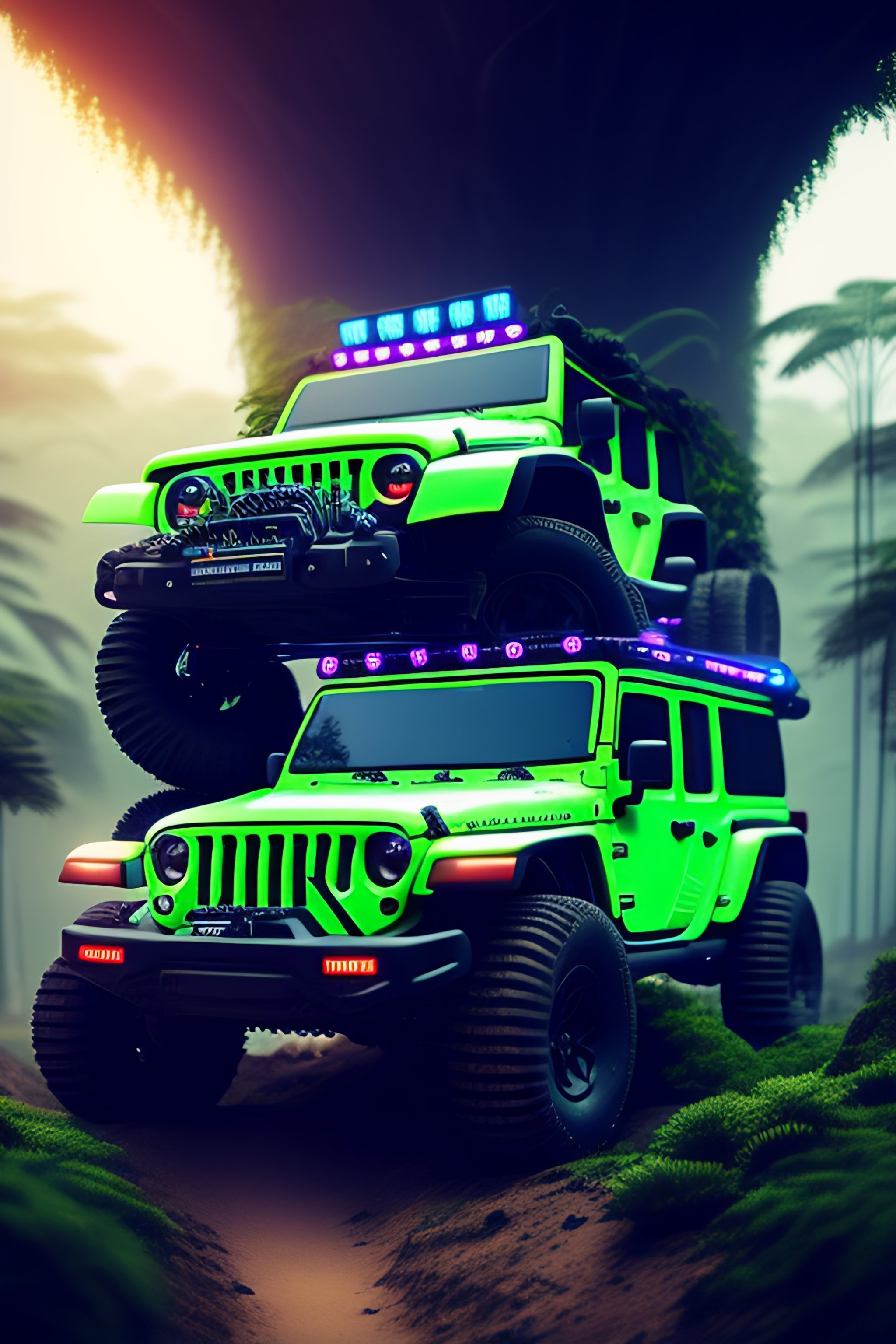 Lexica - Cyberpunk jeep driving through the jungle