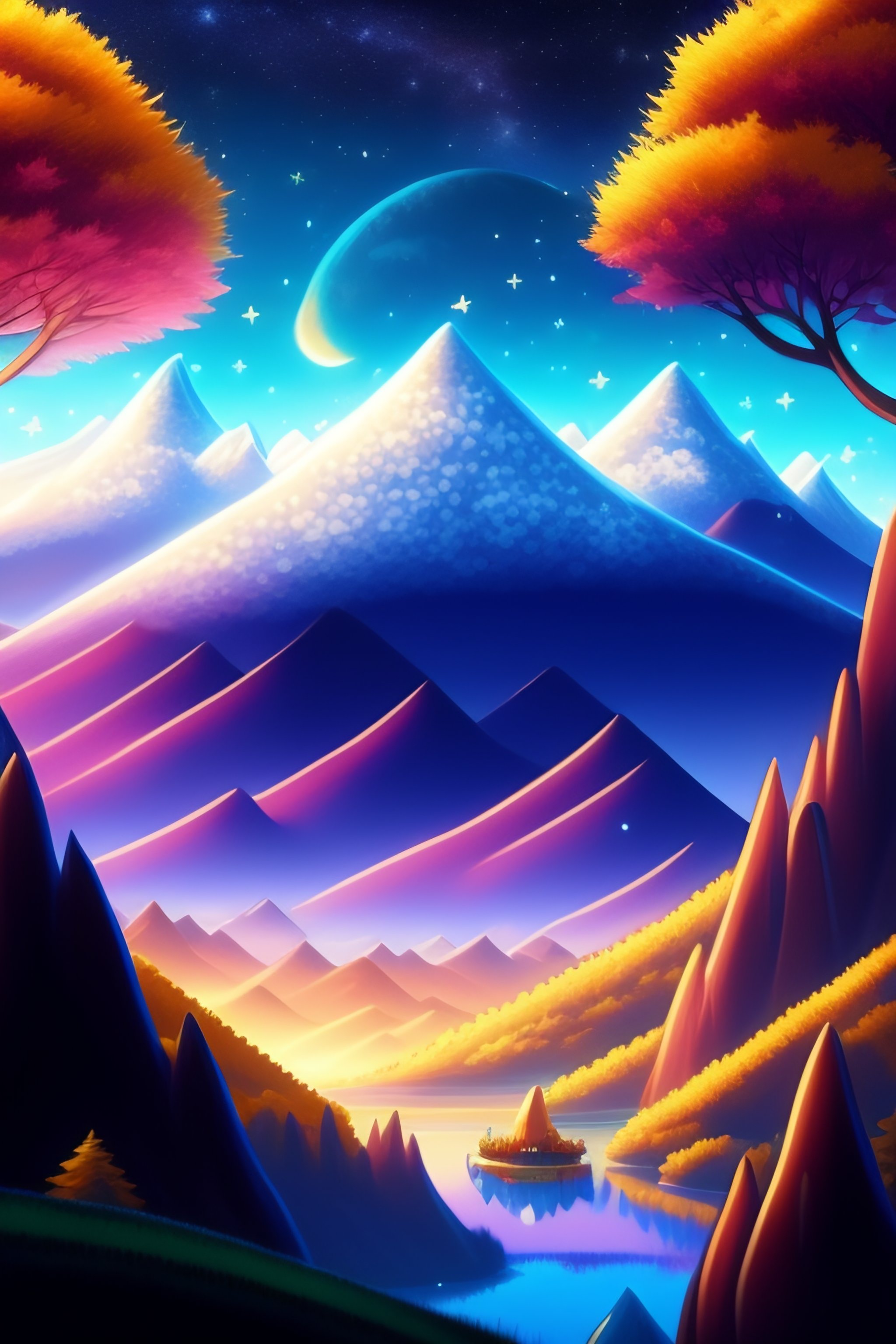 Lexica - Starry sky mountain background decorations with a few trees in ...