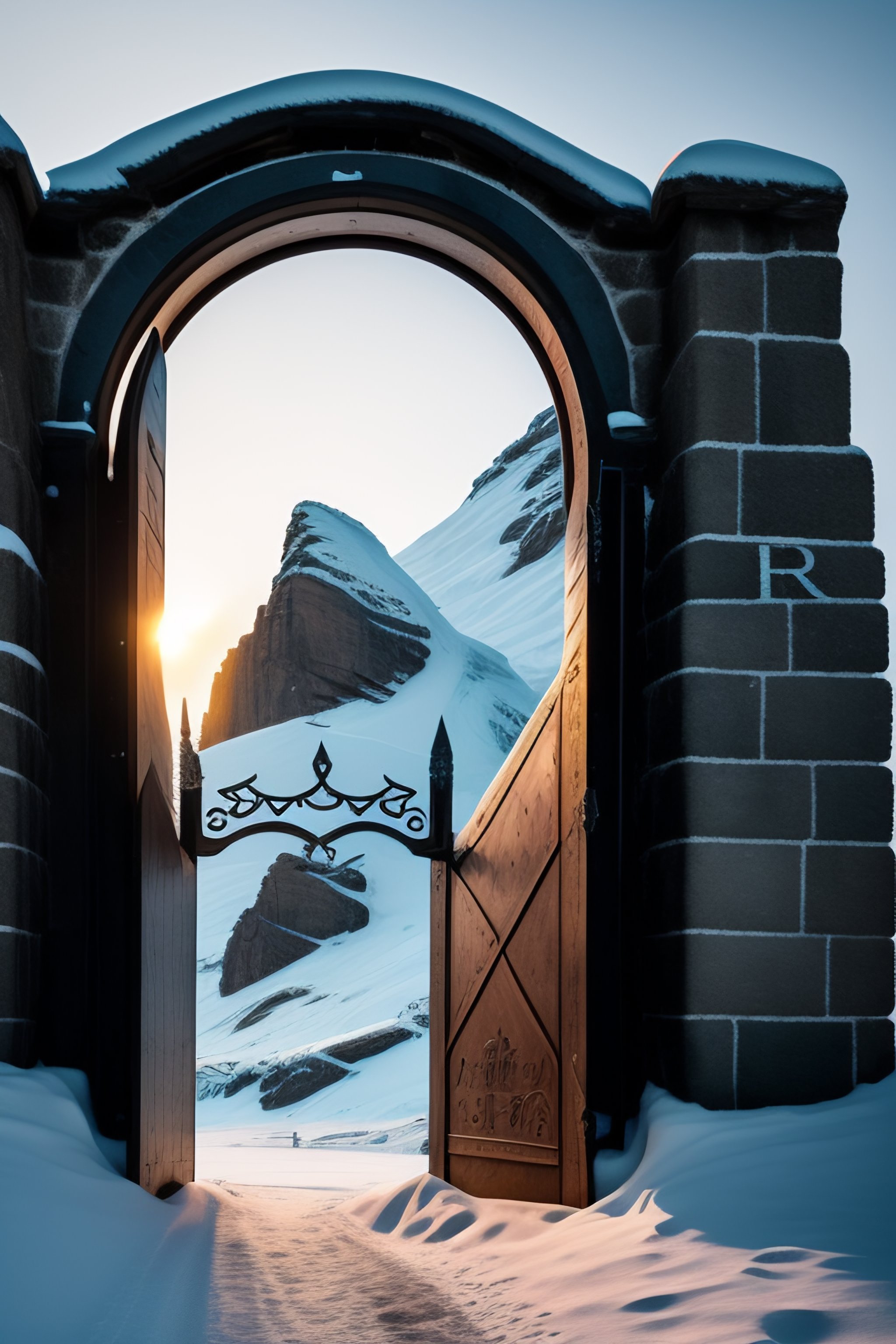 Lexica - Big frozen medieval gate with runic scriptures in the mountain