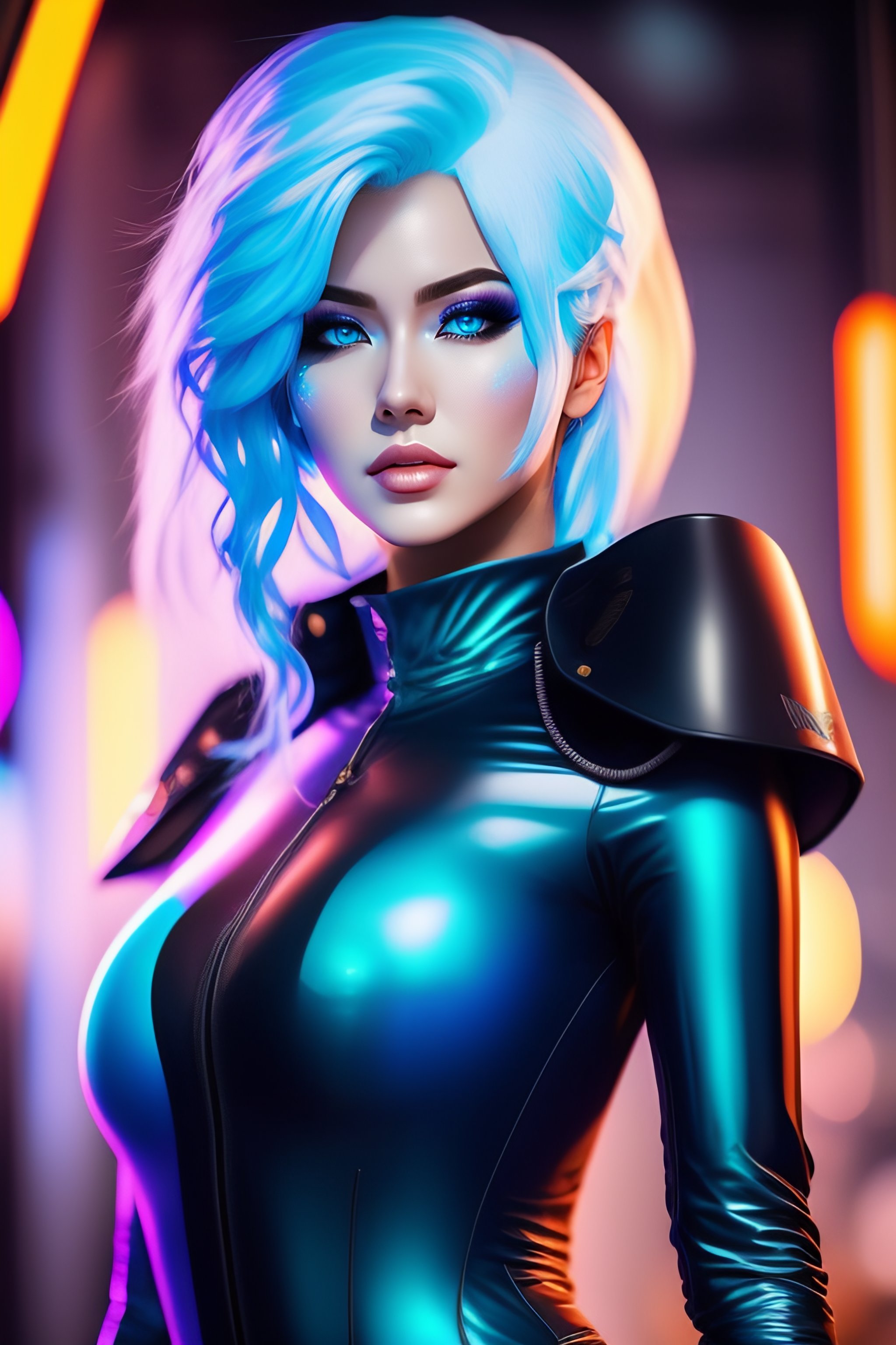 Lexica - Anime woman with light blue hair in black and light blue latex ...