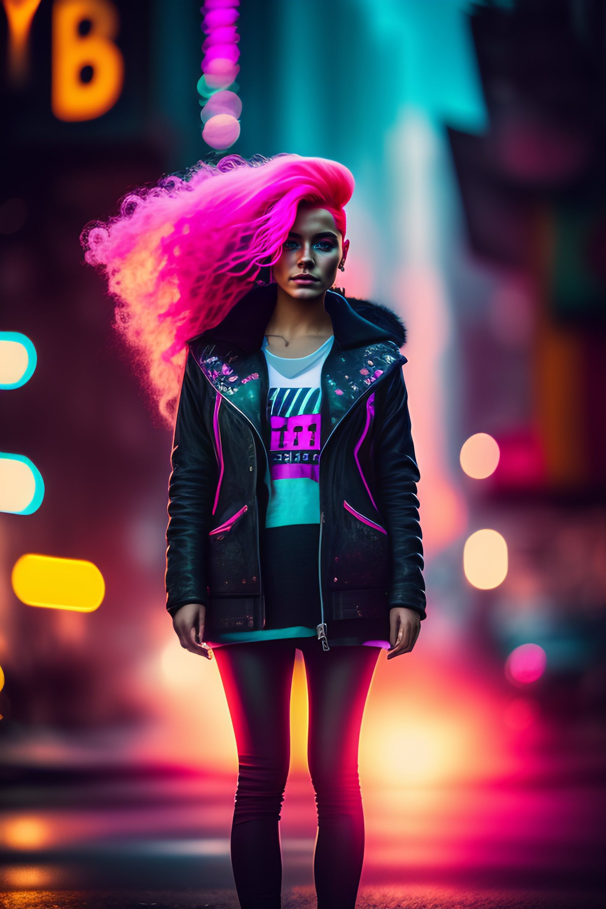 Lexica - Wide angle environmental shot of girl with pink hair in dirty ...