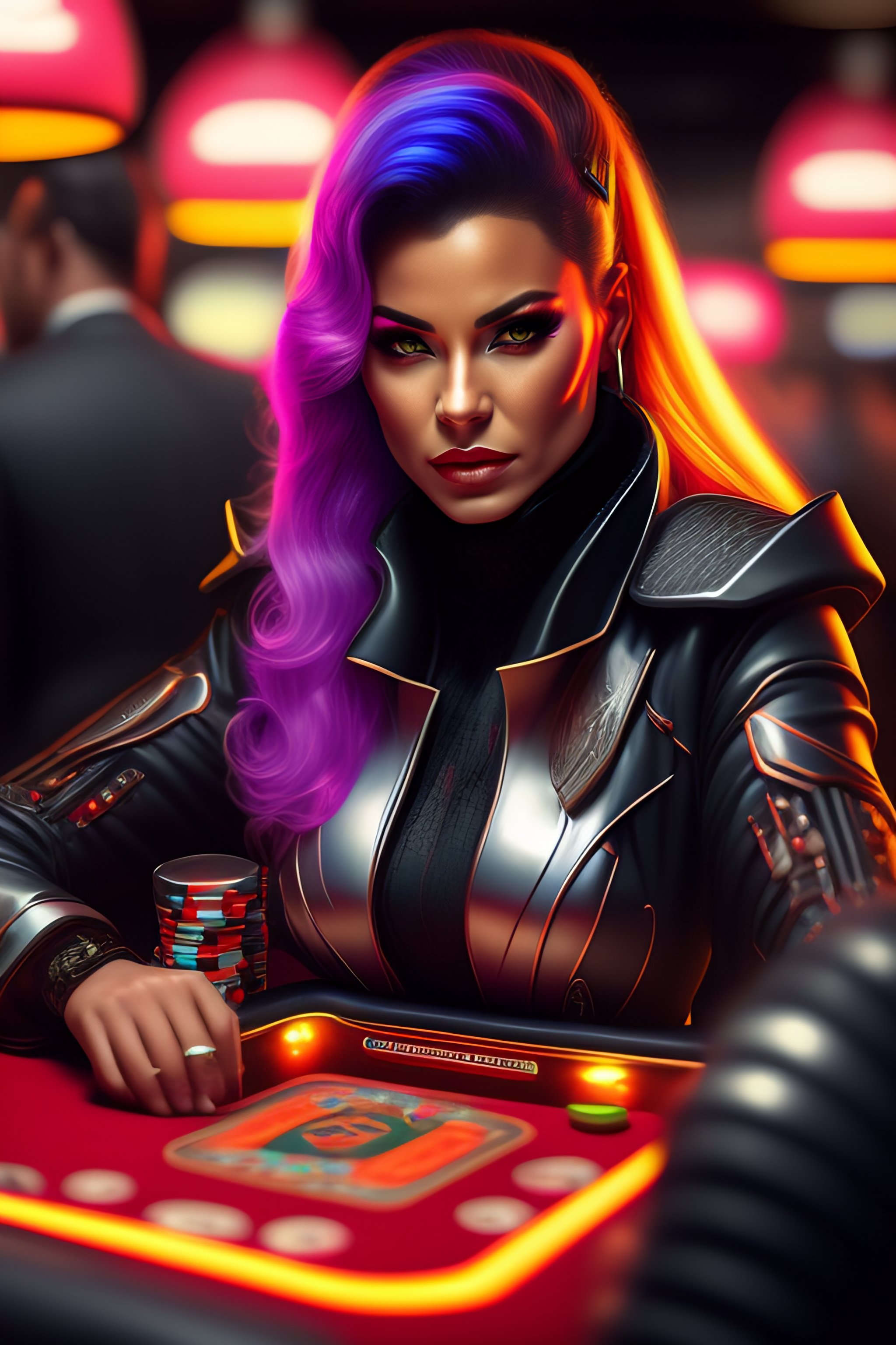 Lexica - Female cyborg cyberpunk edgerunners card dealer at poker table ...