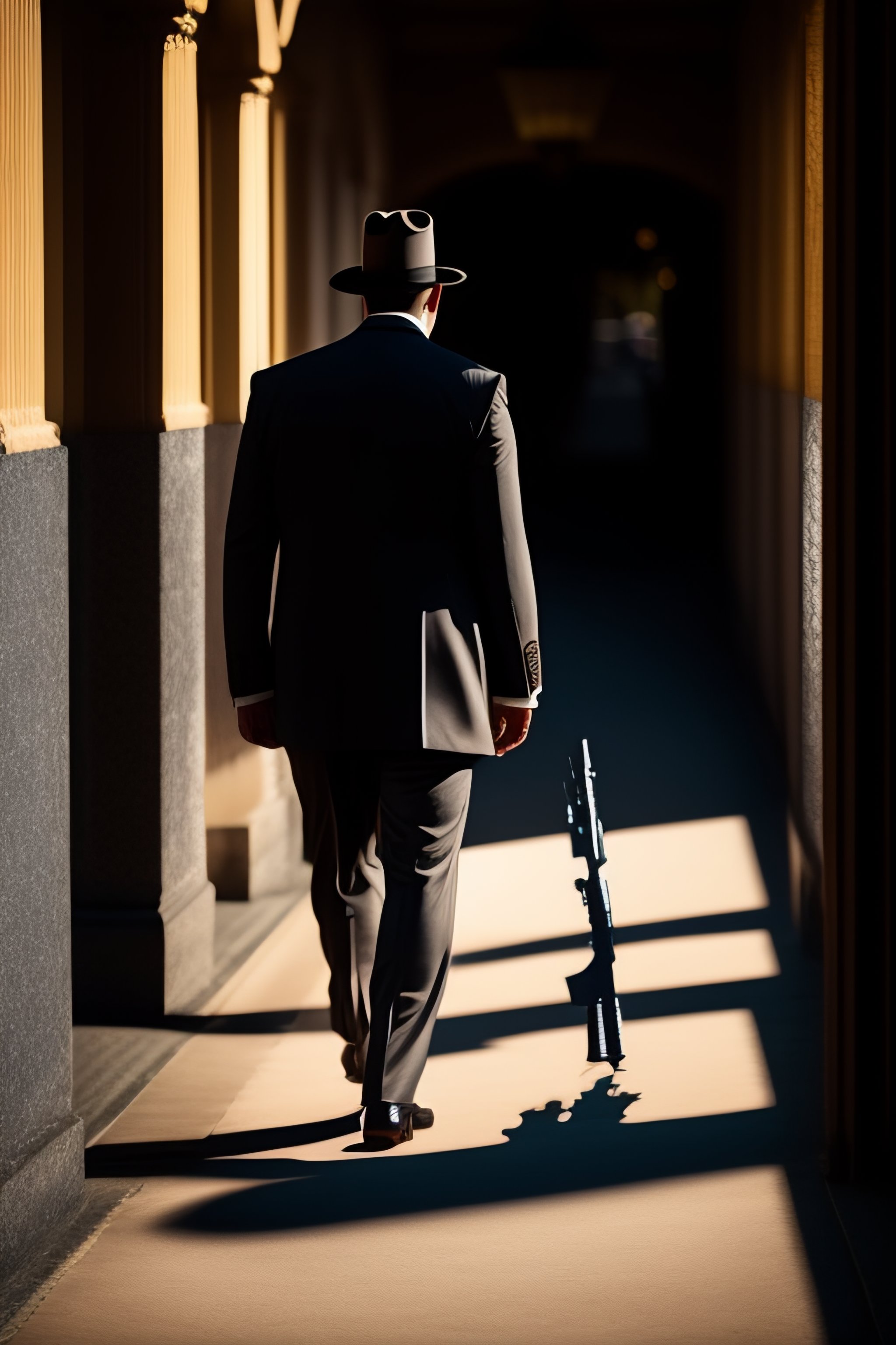 Lexica - Shadow of a man walking with a tommy gun over his shoulder,