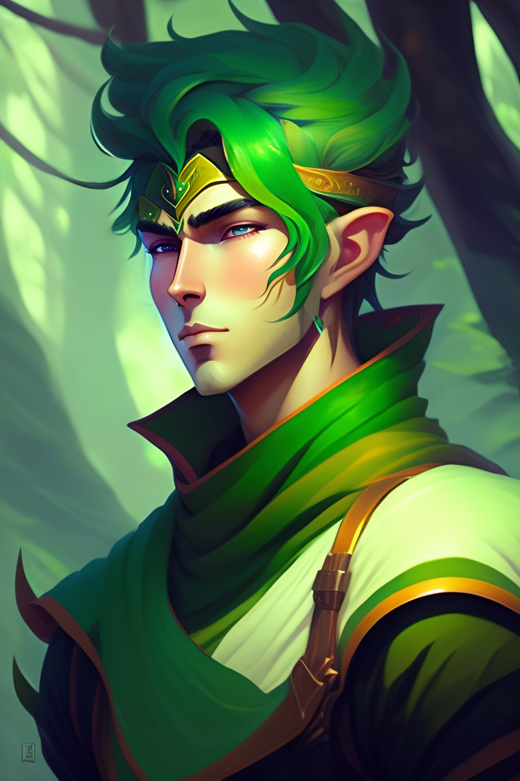 Lexica - Young beautiful male boy forest spirit, elven, green hair ...