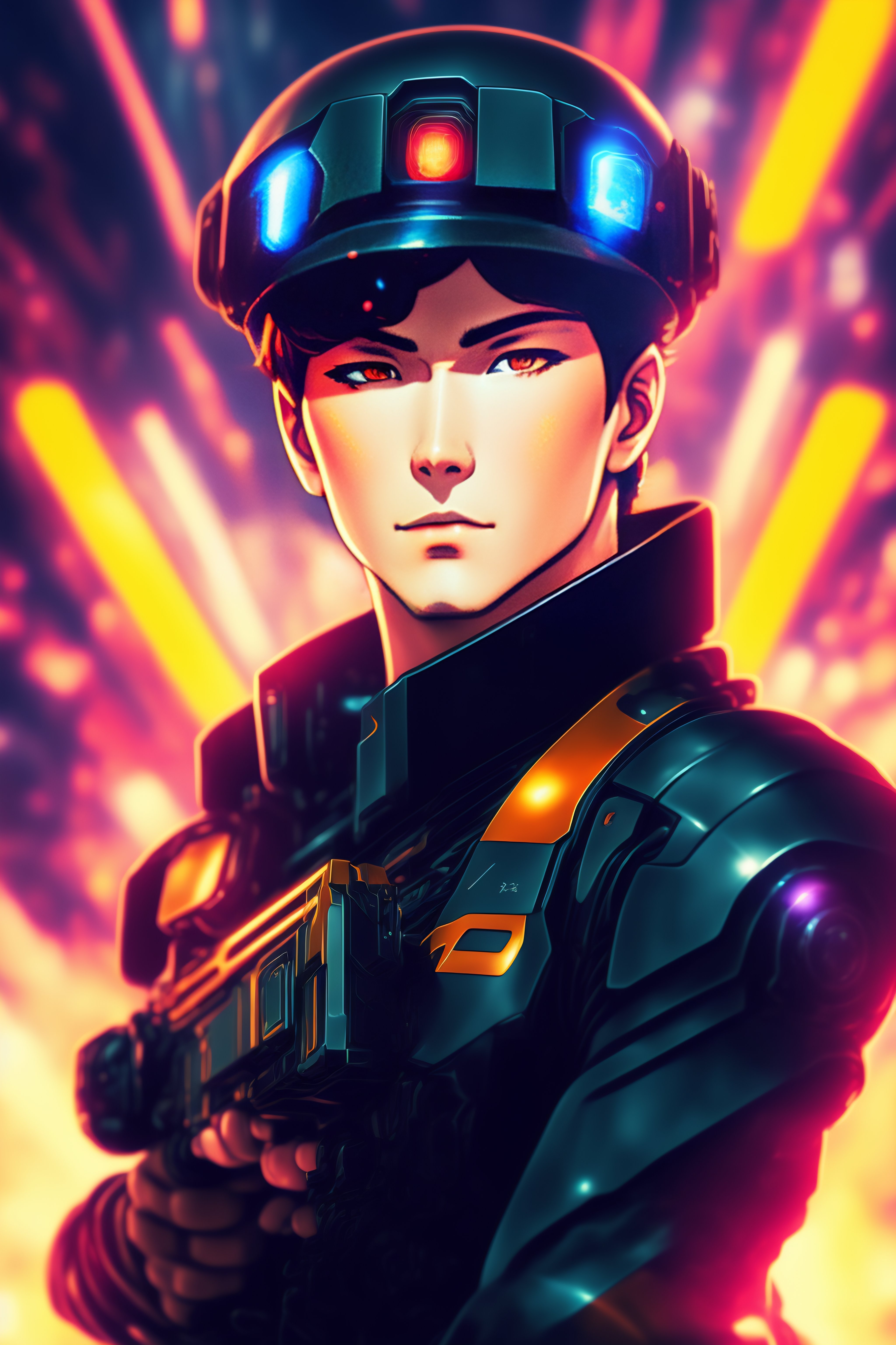 Lexica - Portrait of a mecha man holding a laser handgun, anime style