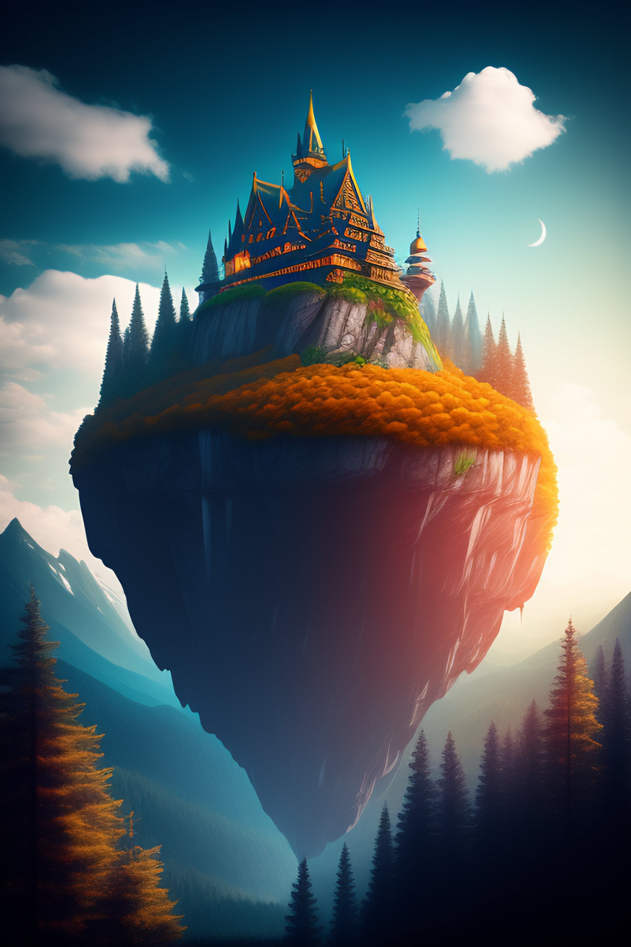 Lexica - Humble wIzard castle floating in the sky with forests and ...