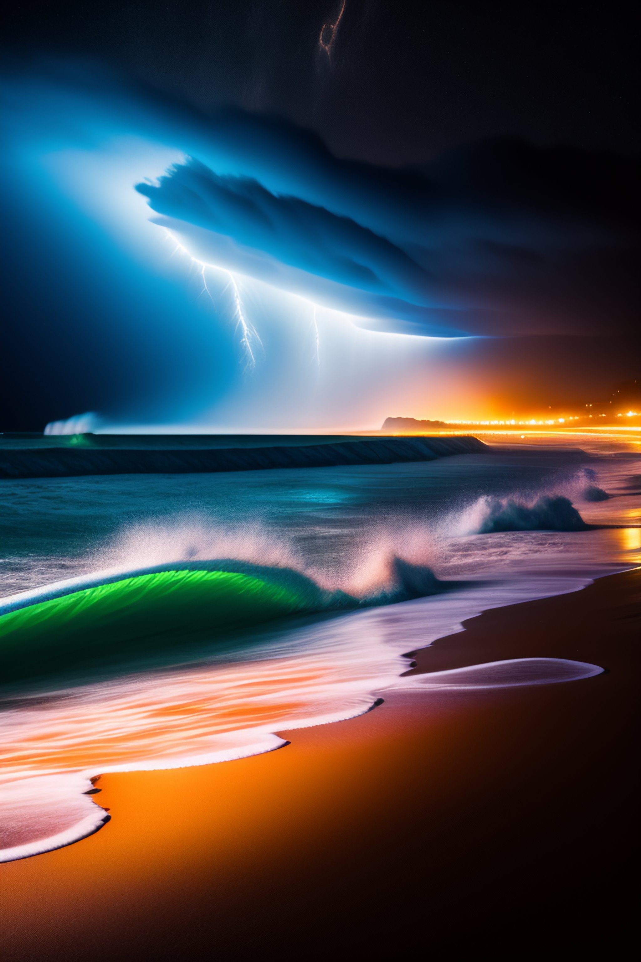 Lexica - A sea storm with flash of lighting on beach near a city with ...