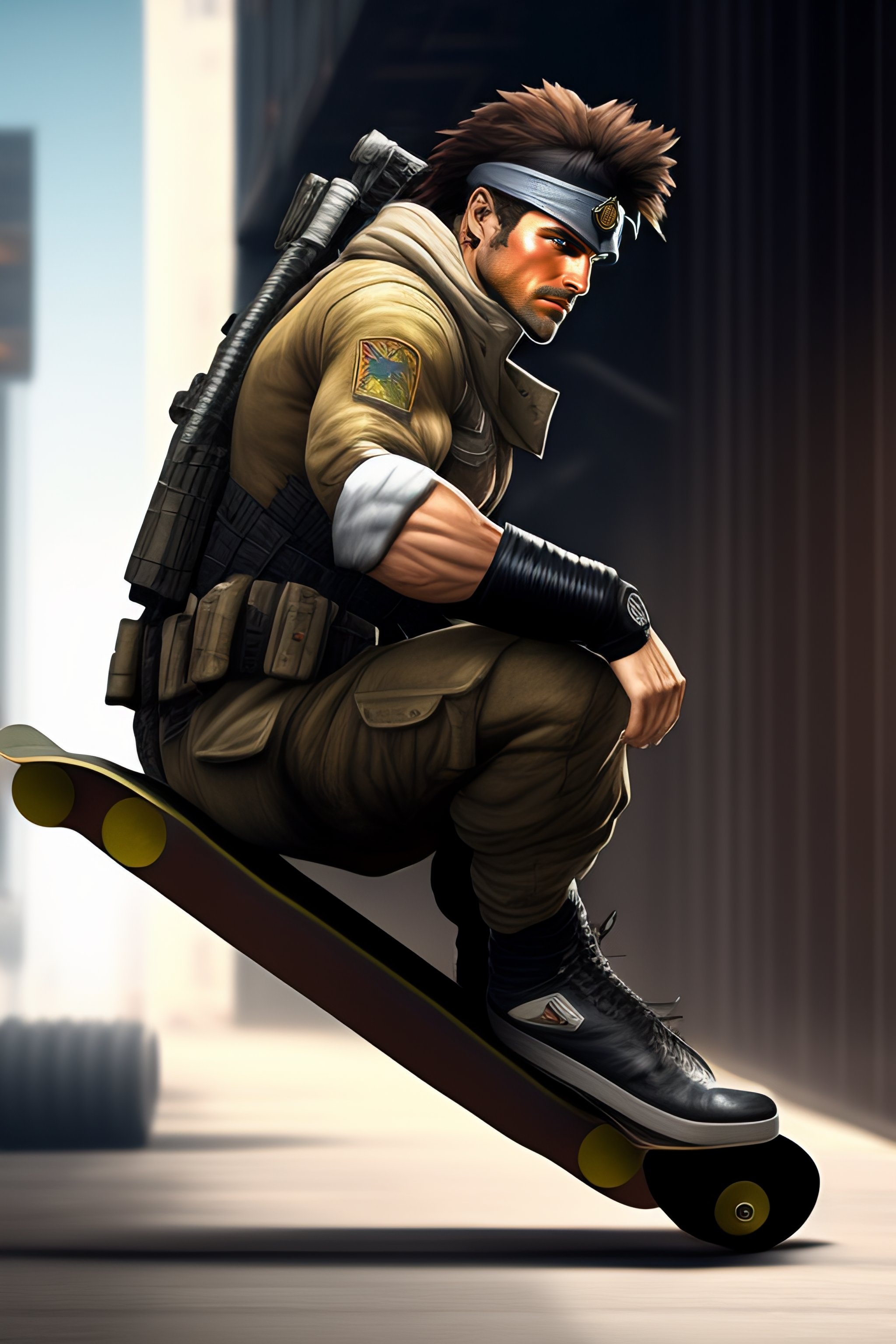 Lexica - Action shot of Solid Snake from Metal Gear on a skateboard ...