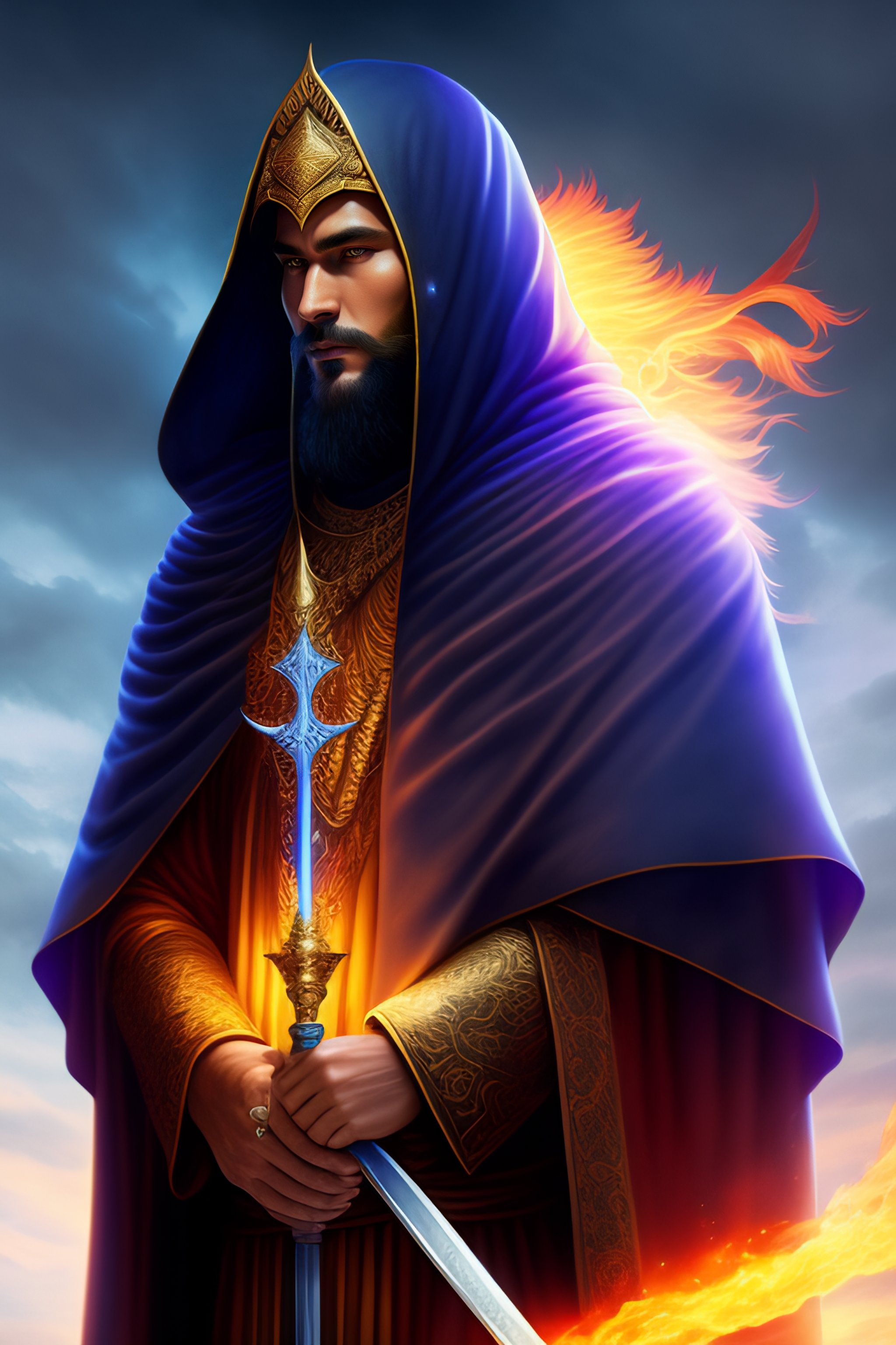 Lexica - Cloaked mage with a sword and a giant glowing divine lion ...