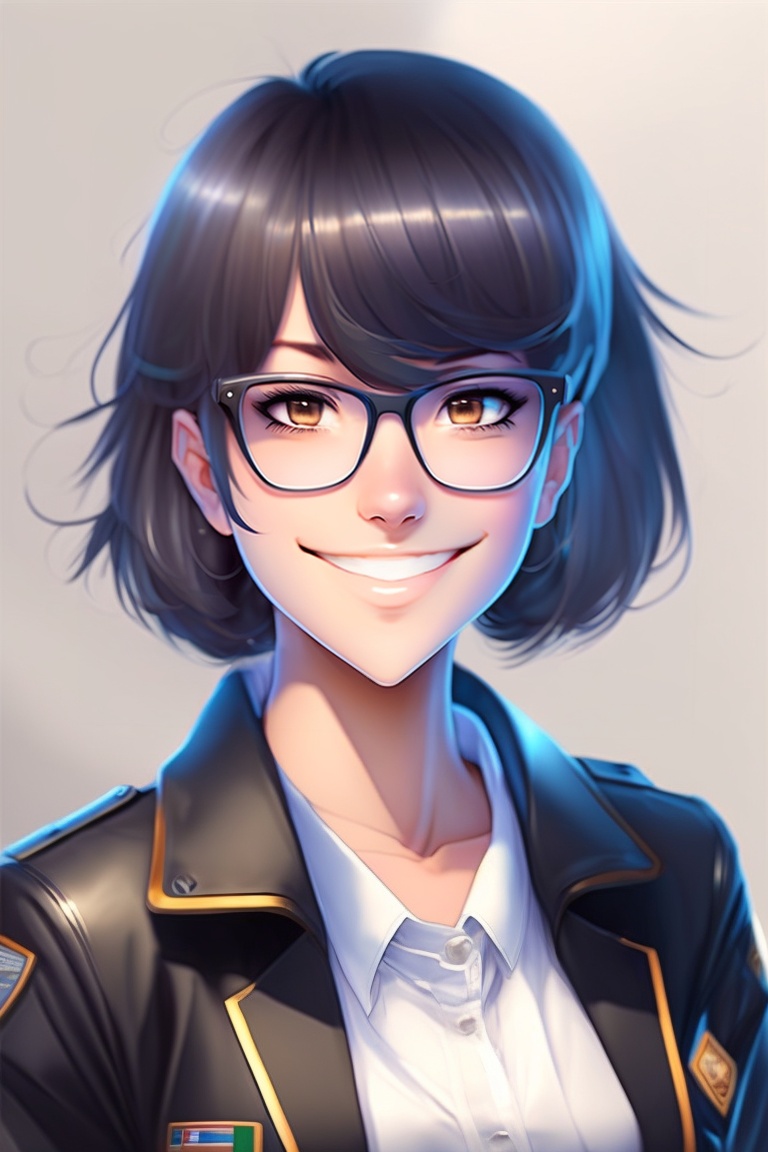 Lexica - A girl smiling at the camera, short hair, glasses, black hair ...