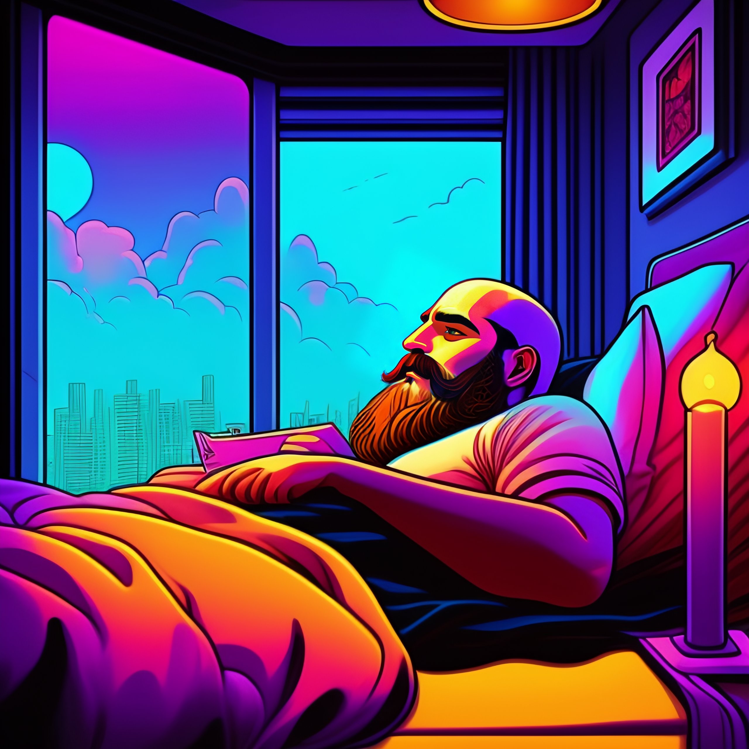 Lexica - A bearded, bald man sleeps in a bed in a large bedroom ...