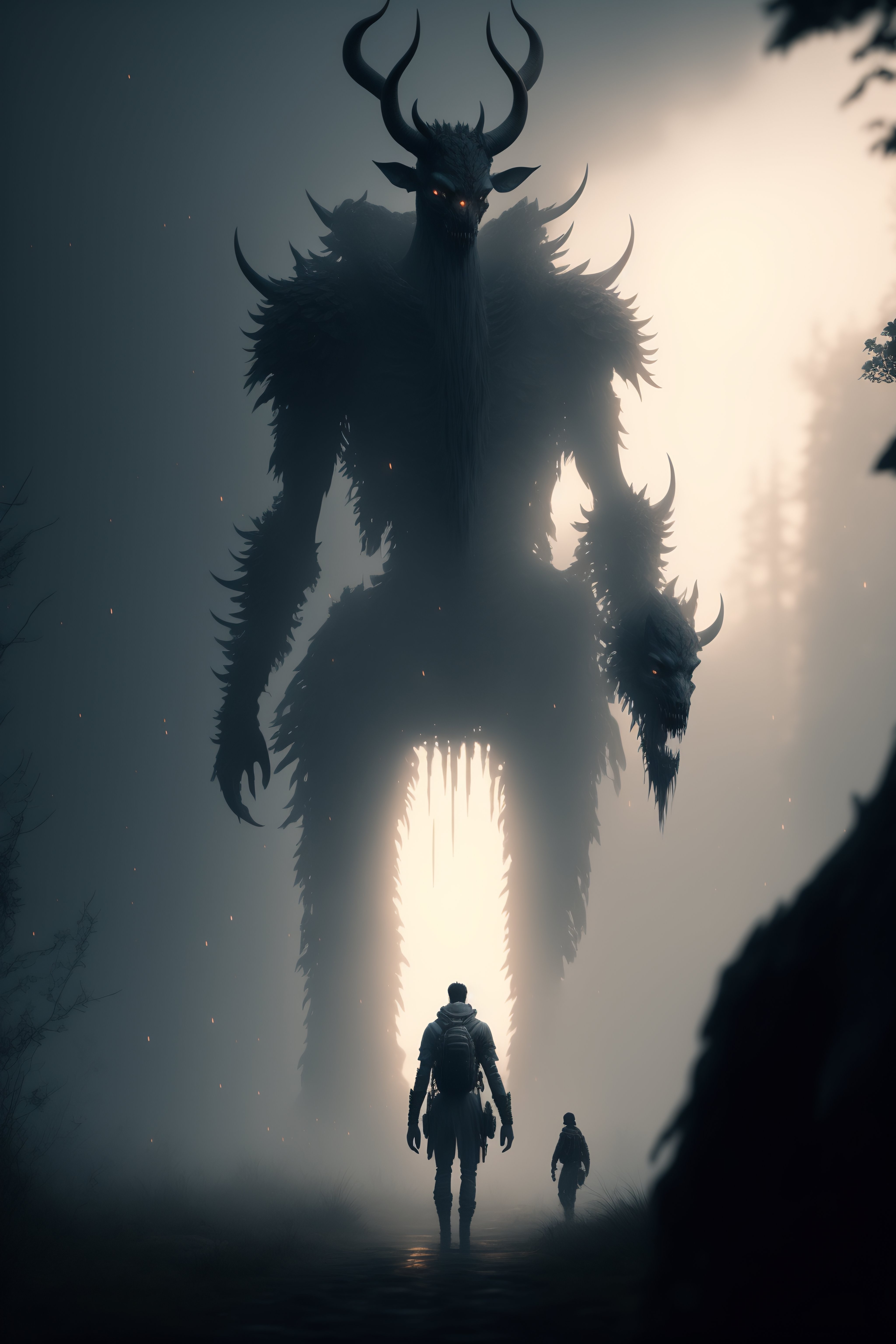 Lexica - A skinny wendigo with glowing white eyes with the bloody body ...