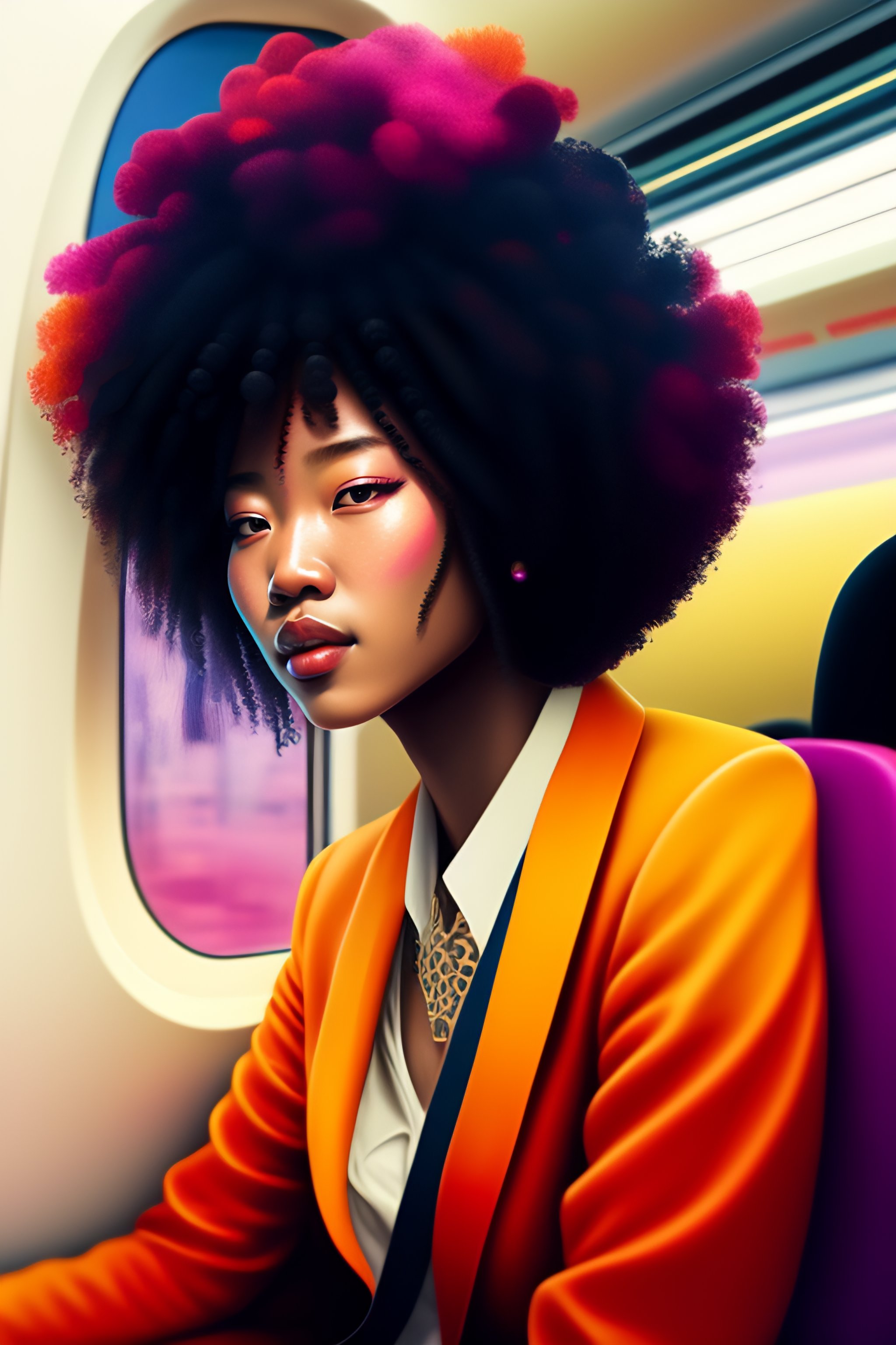Lexica - Beautiful korean-african woman with afro hair sitting in first ...