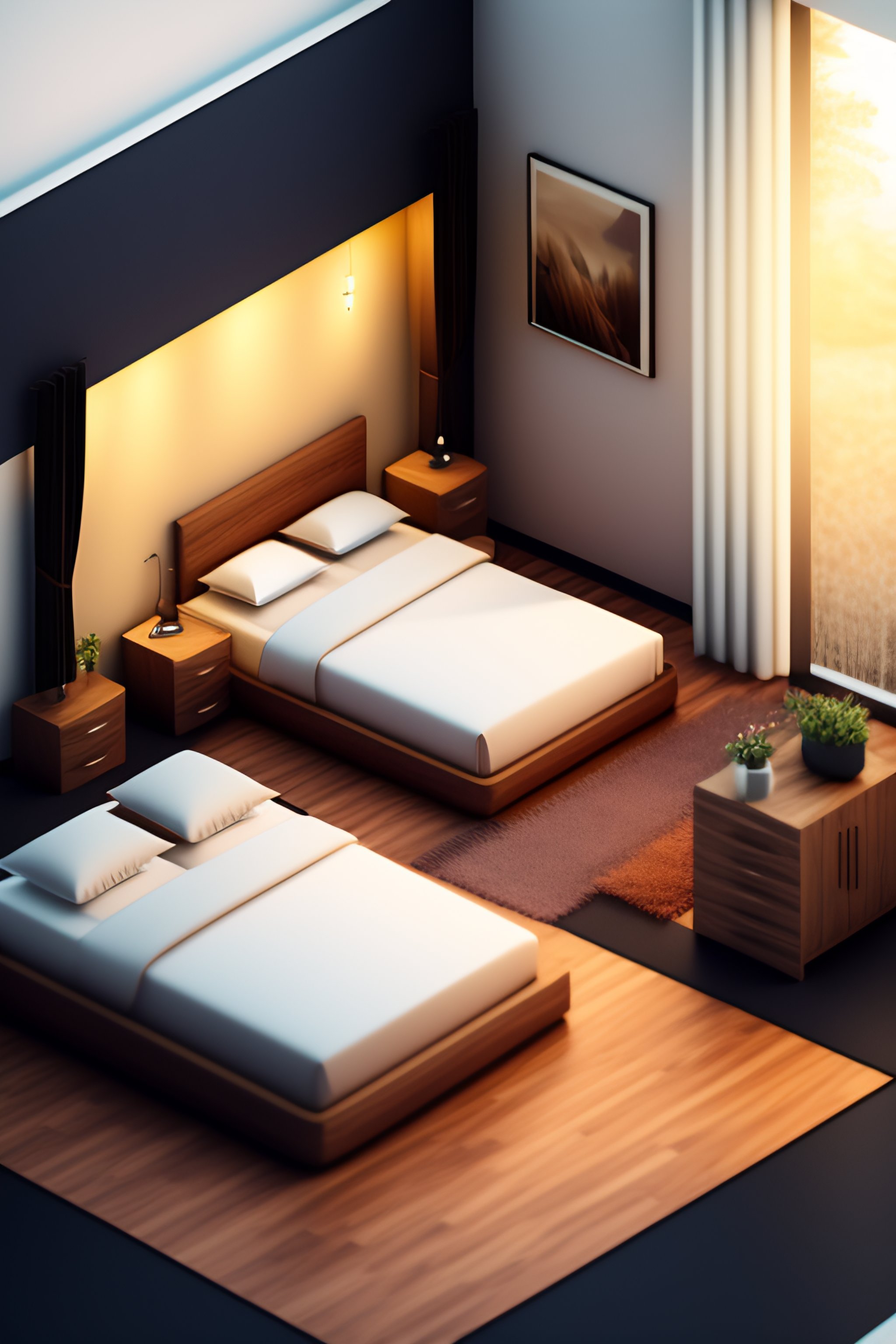 Lexica - Isometric render of the bedroom interior of a a modern middle ...