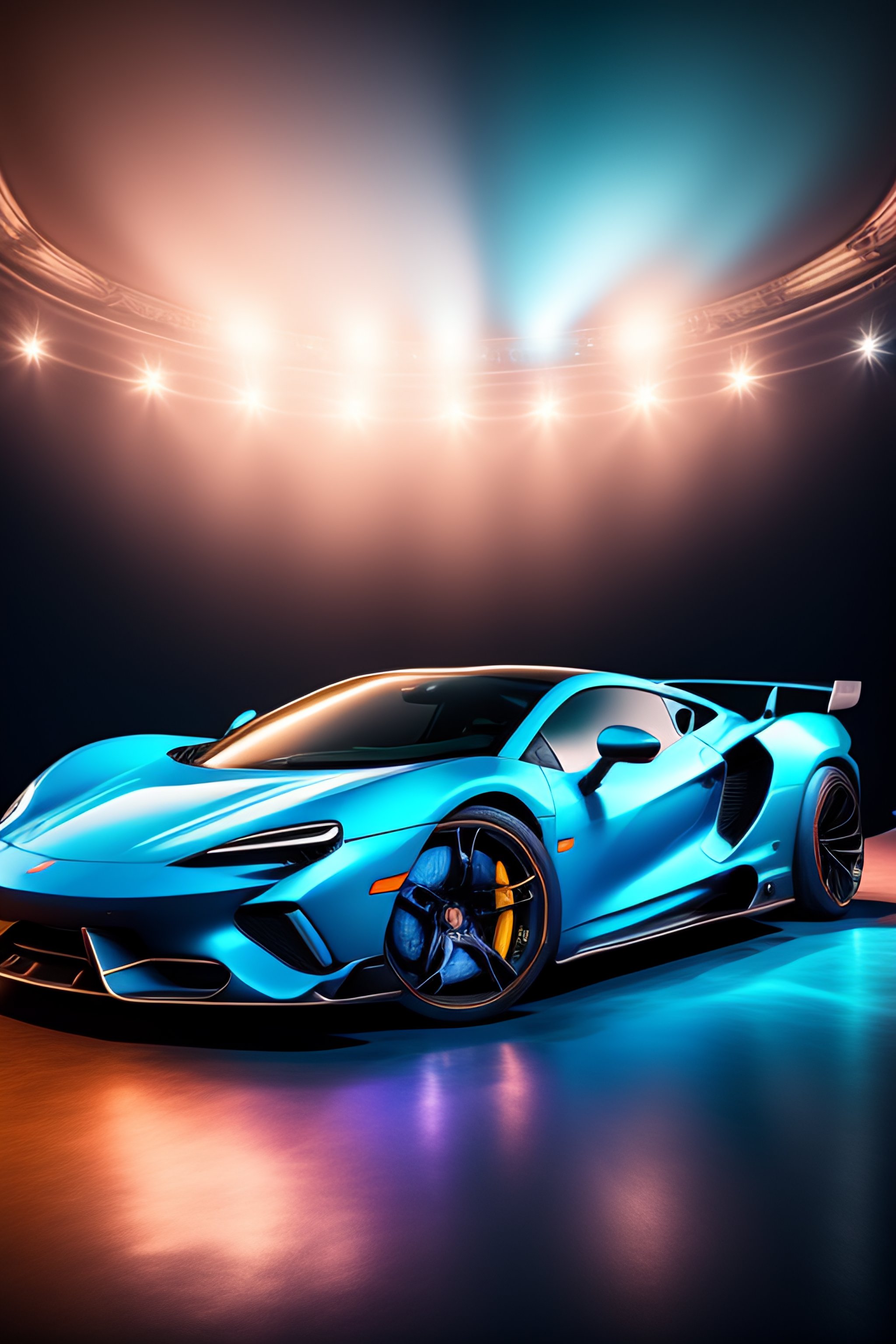Lexica - Sky blue color supercar on a stage with spotlights