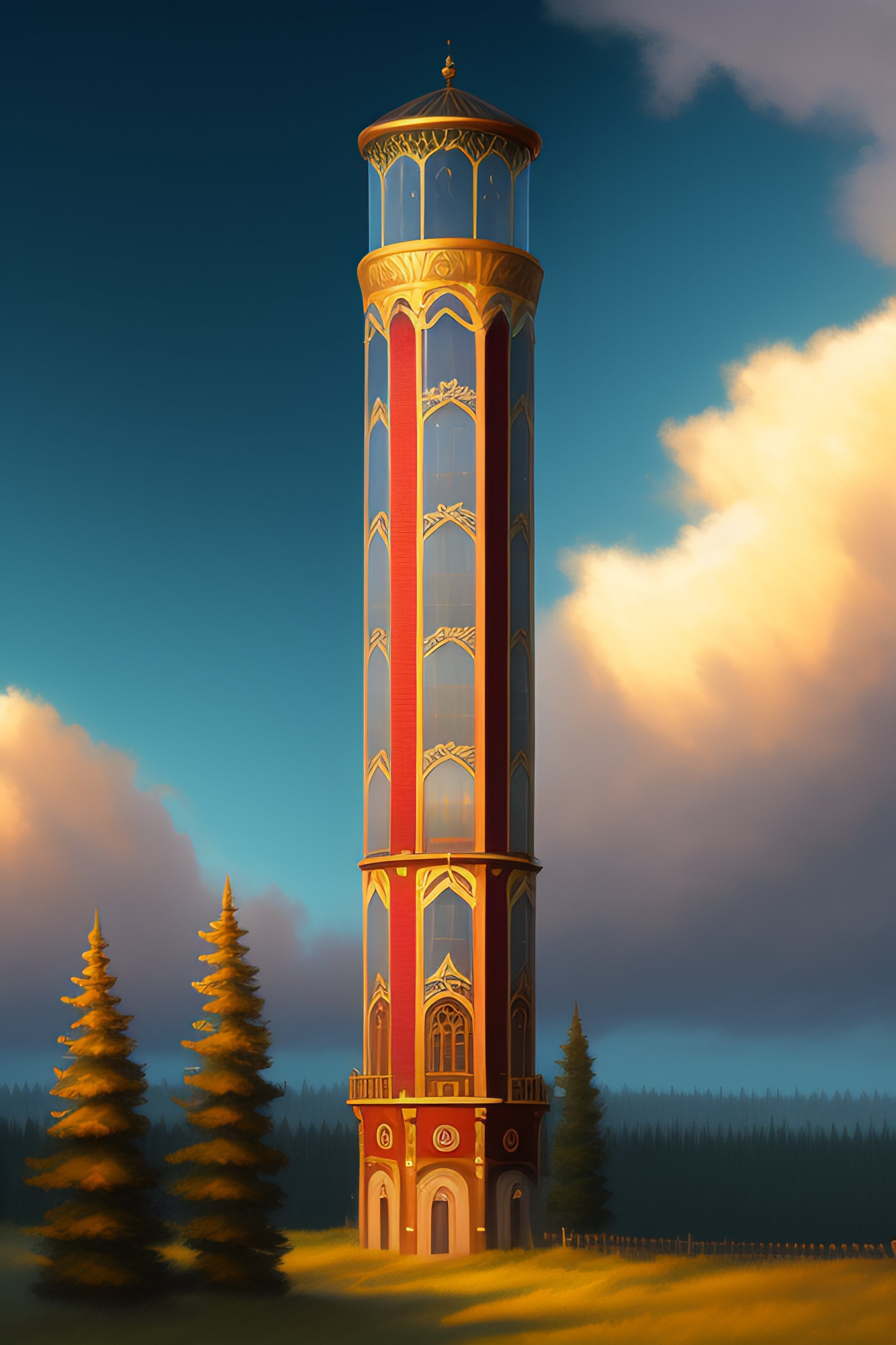 Lexica - Painting of a high cylindrical victorian tower, 🔥 🛖 🌲🏞️ 🌄 --ar ...