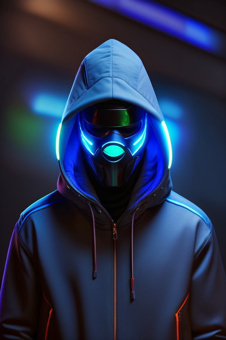 Lexica - Hooded man, dark style, neon blue lights and mask, dark
