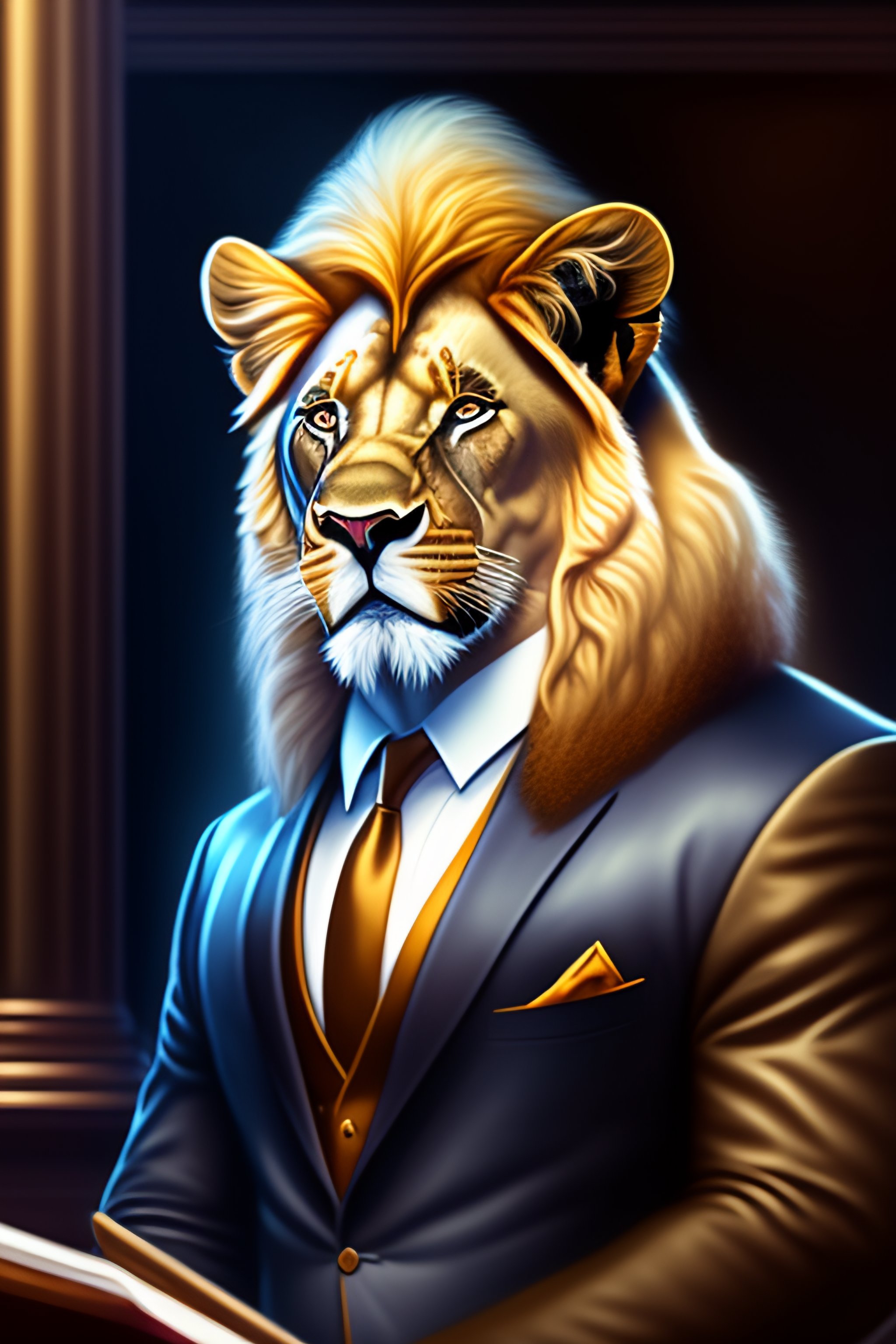 Lexica - Award-winning photo of a lion lawyer standing in court, navy ...