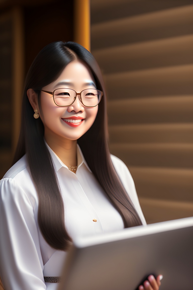 Lexica - An Asian modest professor with big eyes, glasses, long hair ...