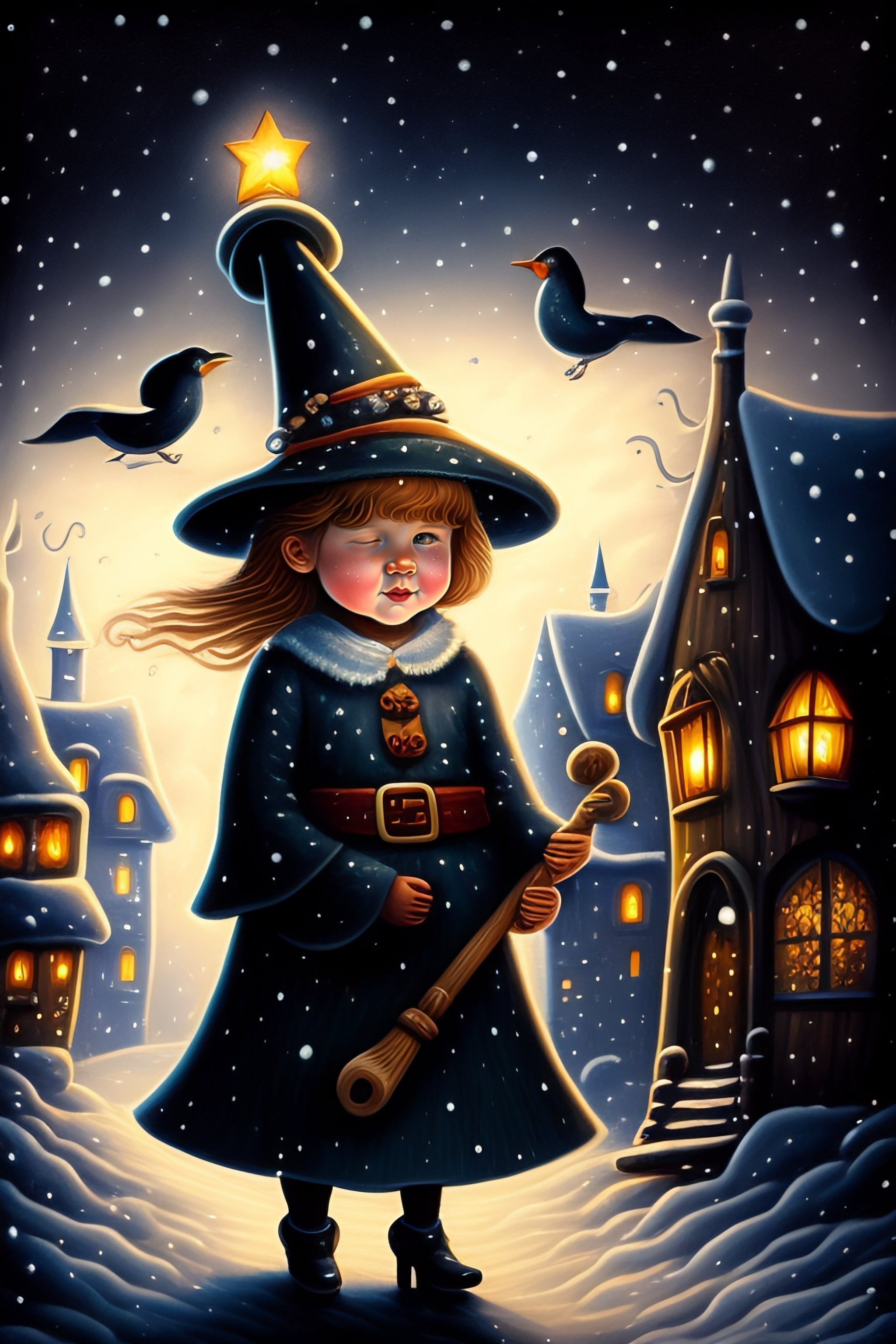 Lexica - A little tired witch in a hat sits on a broomstick and flies ...