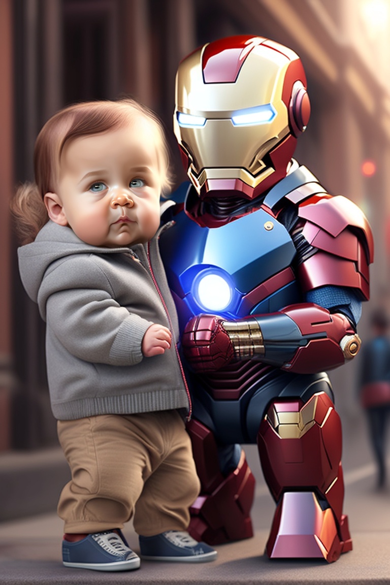 Lexica - Iron Man as a baby full-body, city-side