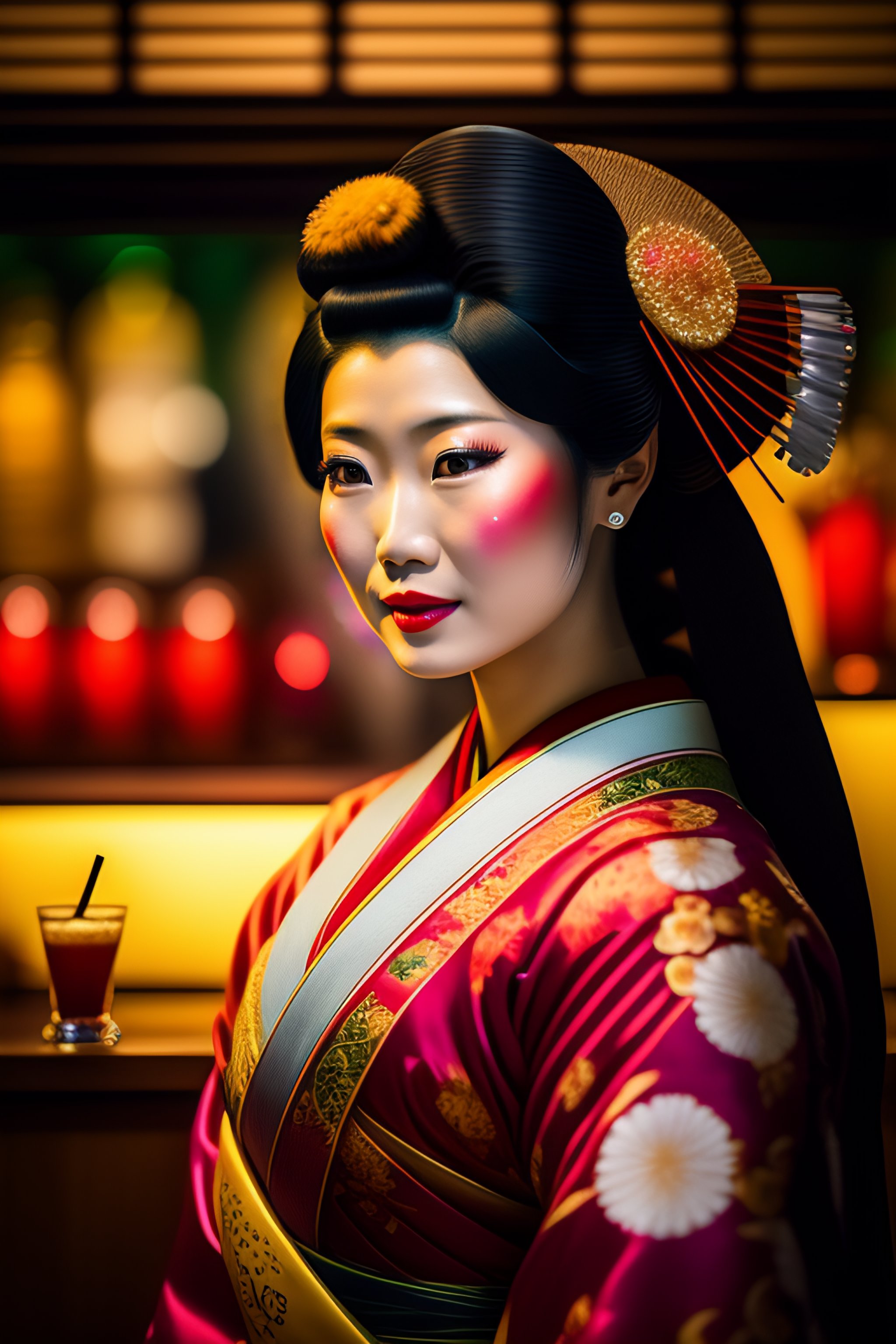 Lexica - Japanese geisha retro, serving caipirinha in Brazilian kiosk