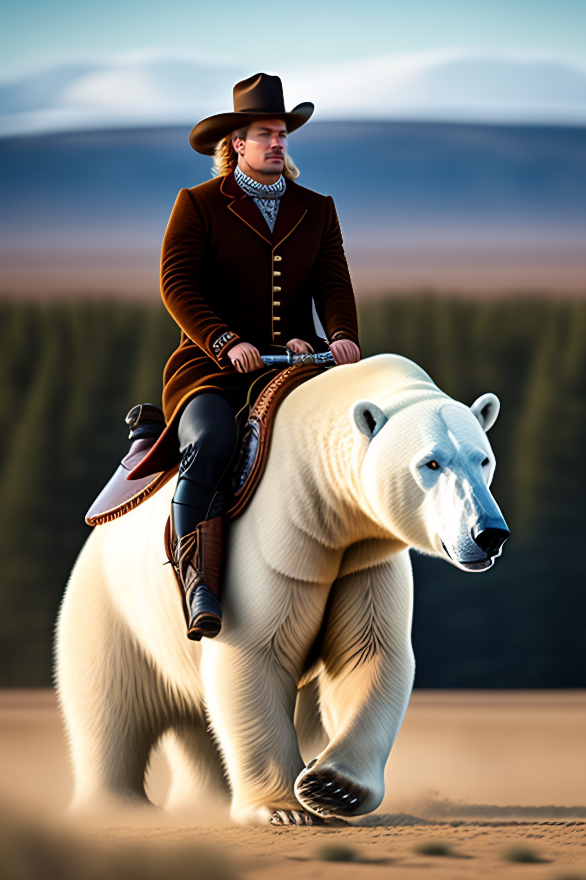 Lexica - Polar bear riding on a large horse in the wild wild west.