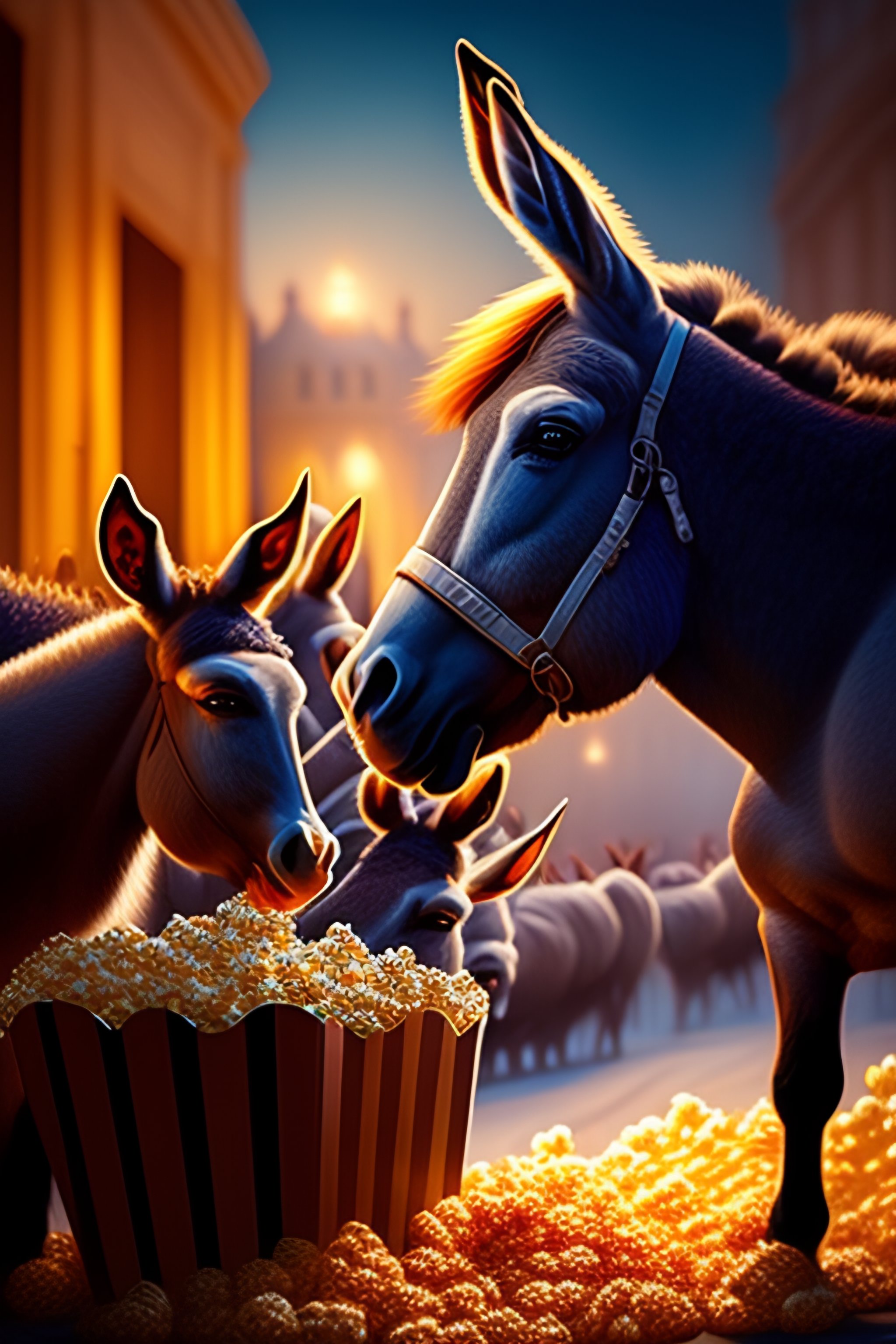 Lexica - A row of ((happy)) donkeys eating popcorn with fascination and ...