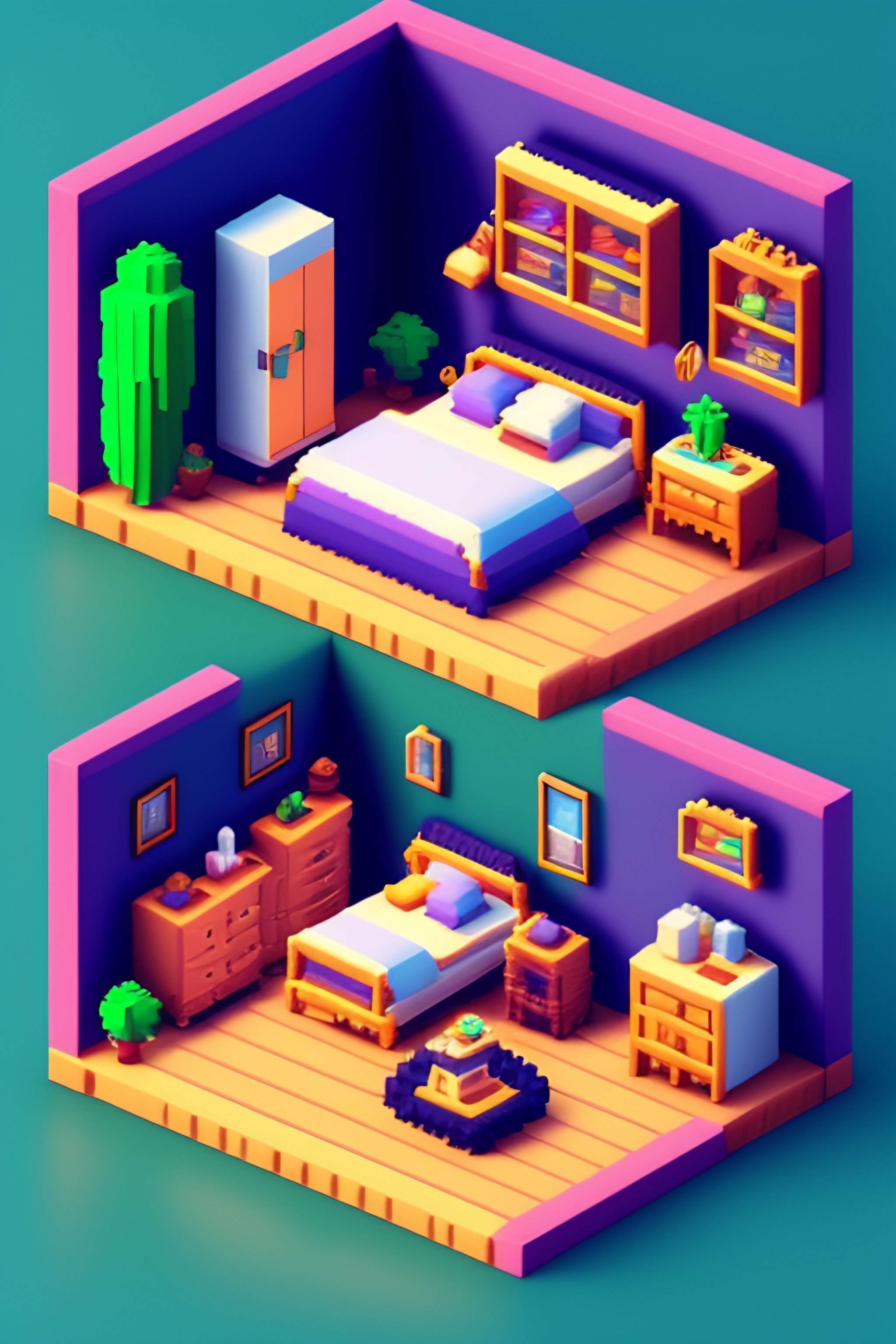 Lexica - "Create a detailed isometric bedroom scene in pixel art style using the voxel rendering ...