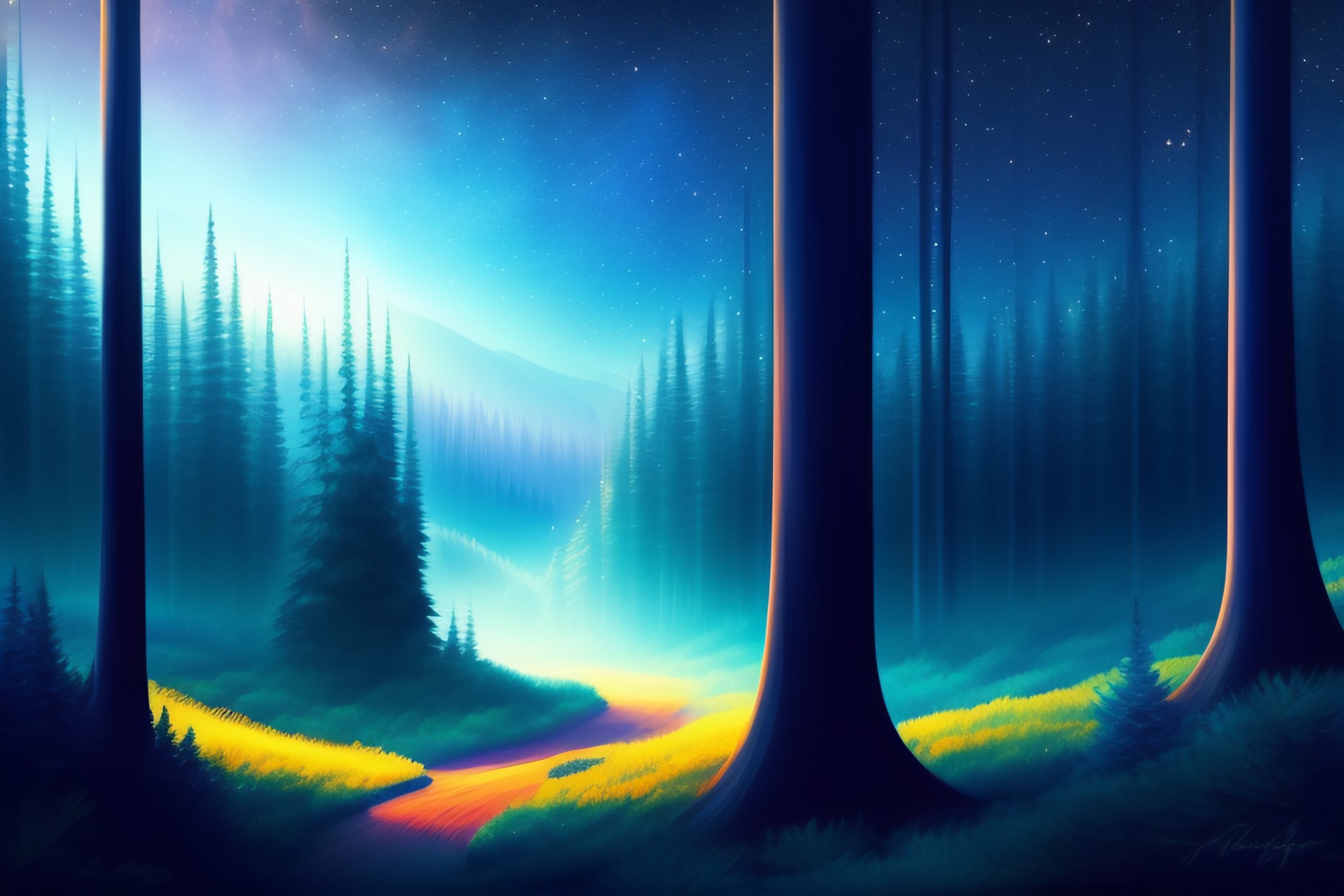 Lexica - Forest trees, galaxy 🌌 digital art blue landscape