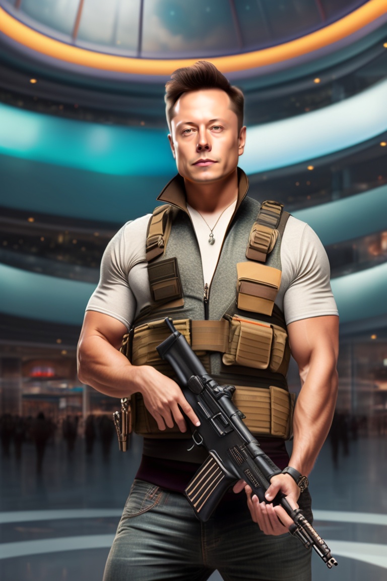 Lexica - Elon Musk holding a gun ,Indian man background Mall