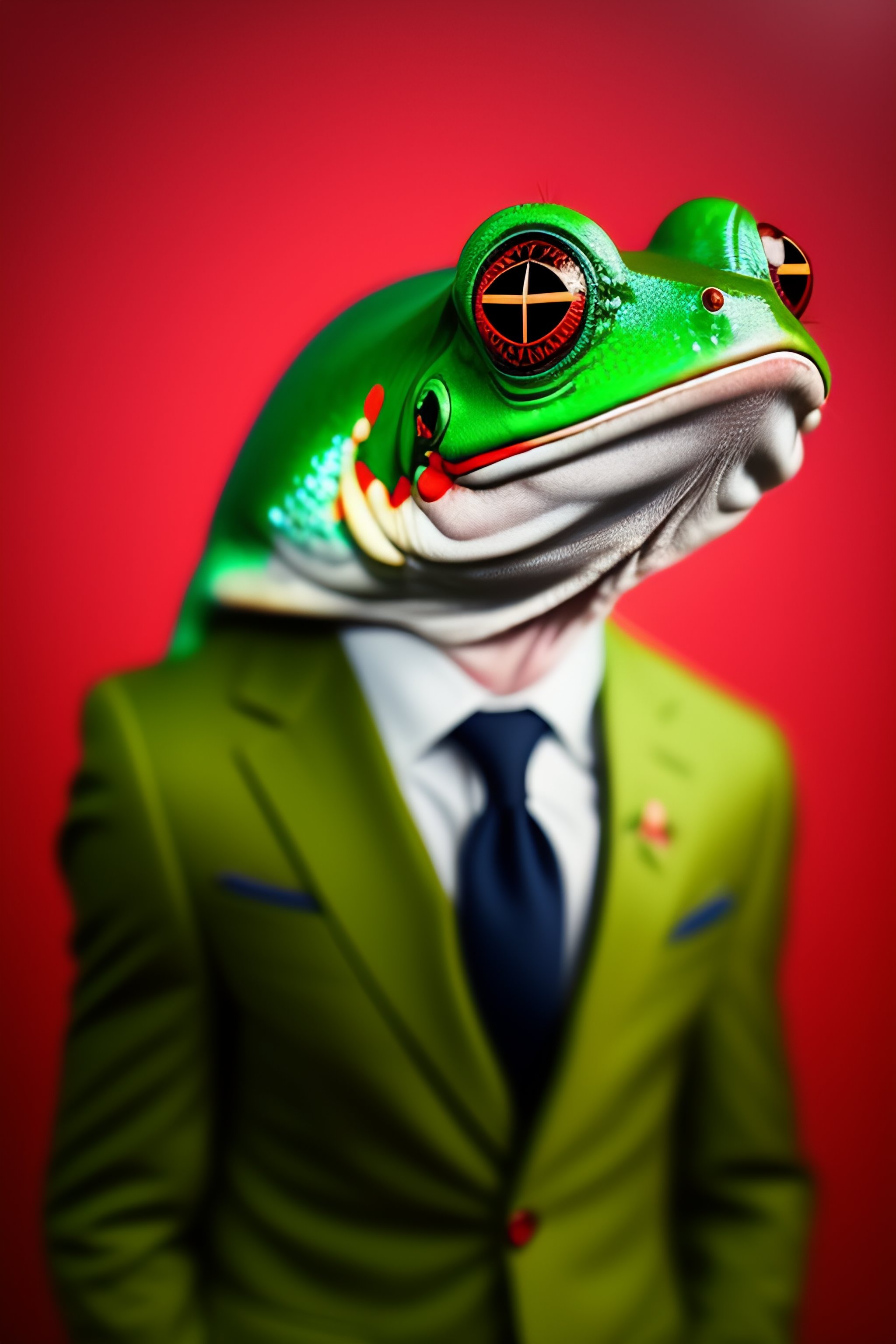 Lexica - A red eyed tree frog head wearing a suit holding a silencer