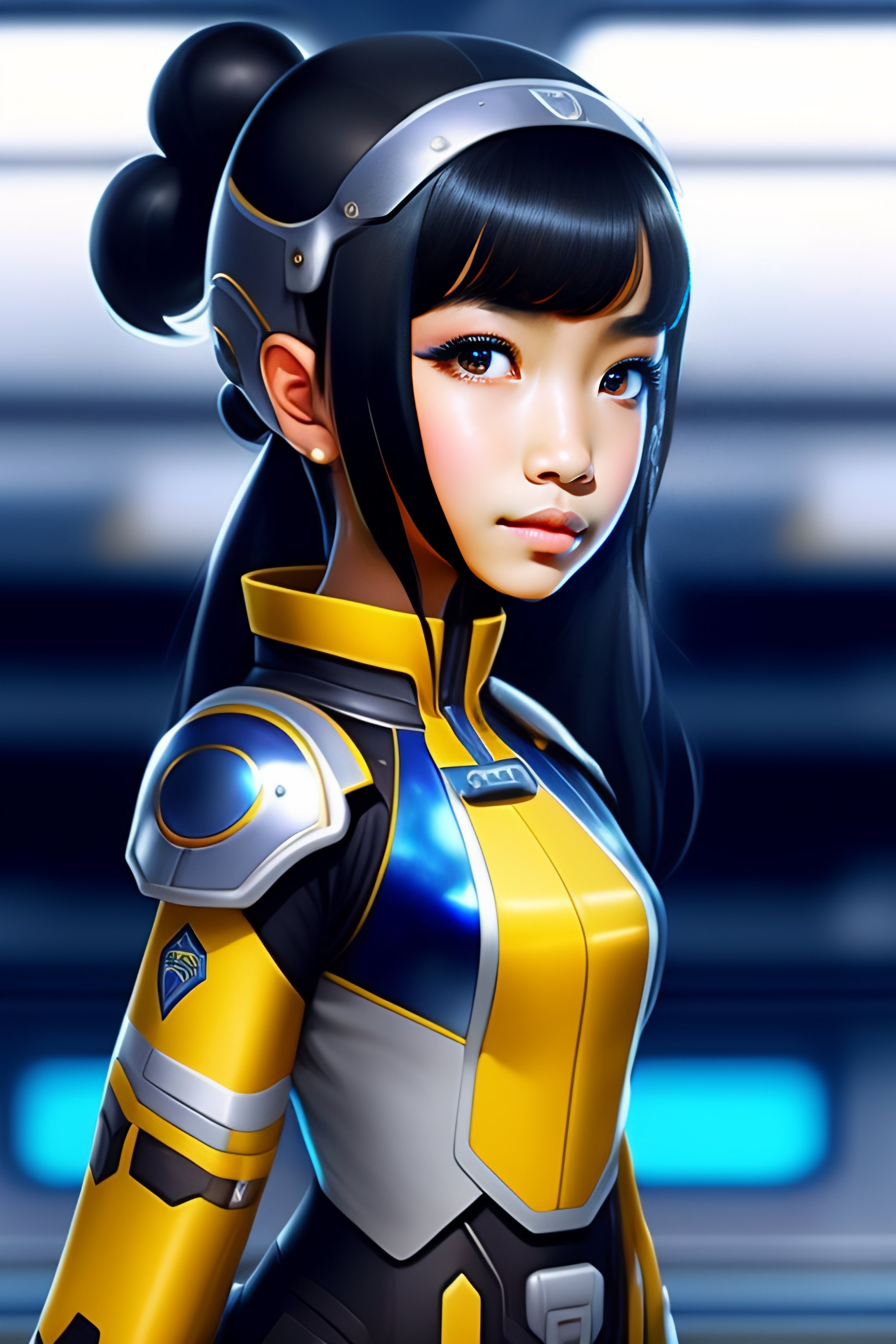 Lexica - Black and blue mecha, 11-year-old girl, elf ears, black hair ...