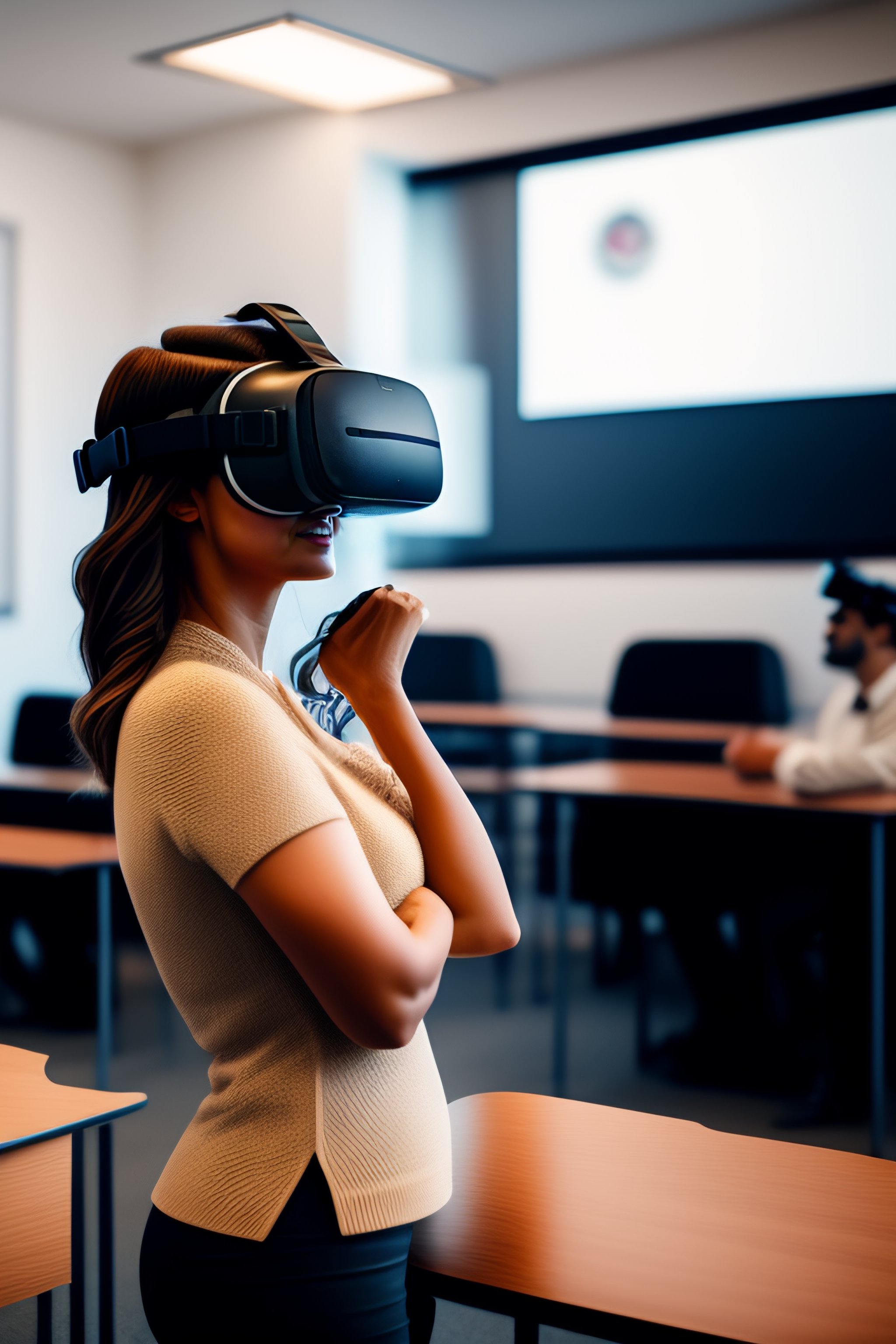 Lexica - Teacher with a VR-Headset standing in a classroom