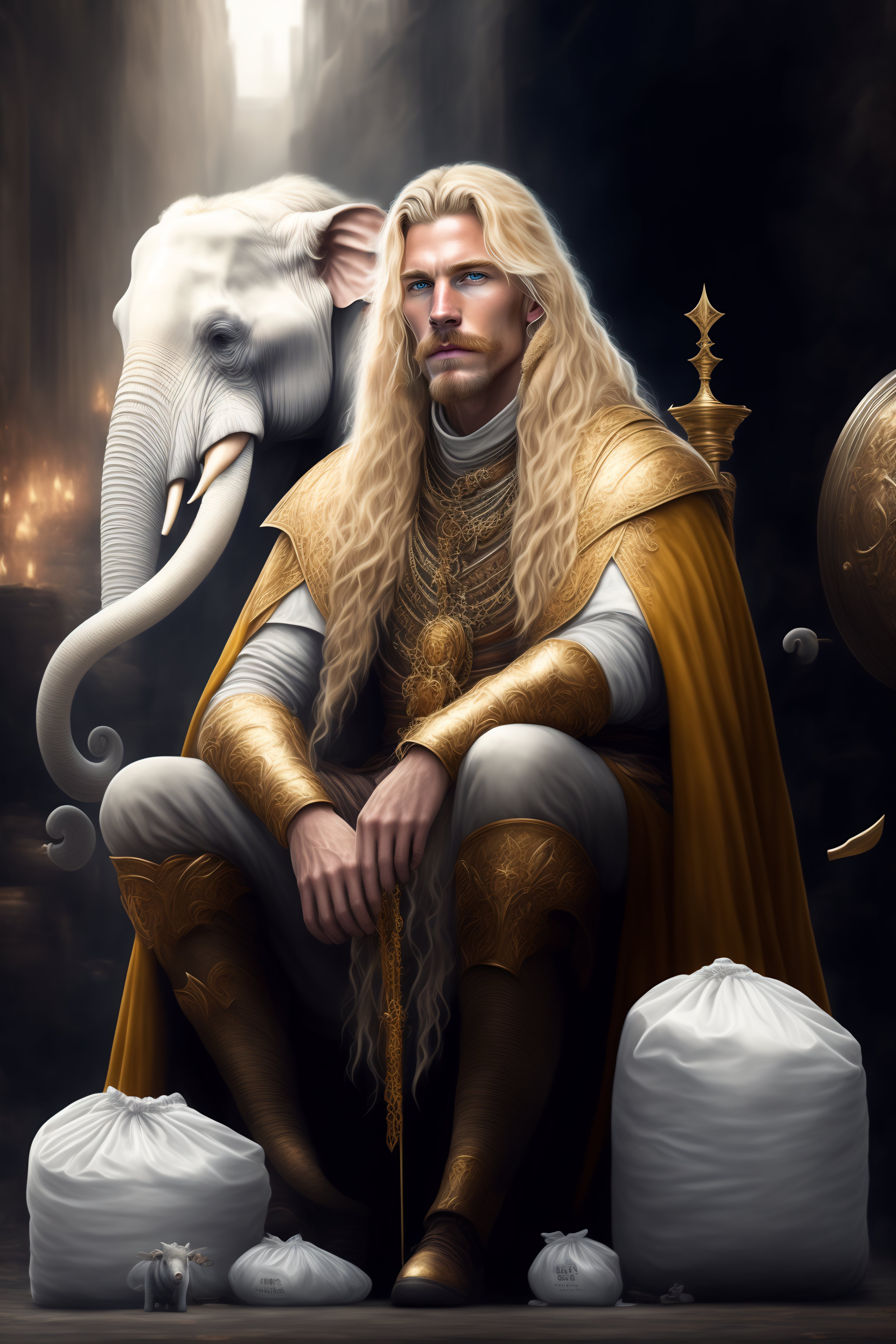 Lexica - A portrait of a blond hobo, as a king, dressed all white ...